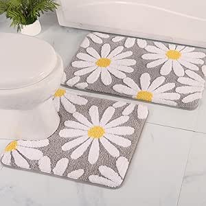 Amazon.com: QJHOMO Bathroom Rugs Set 2 Piece, Cute Daisy Bath Mat Gray ...