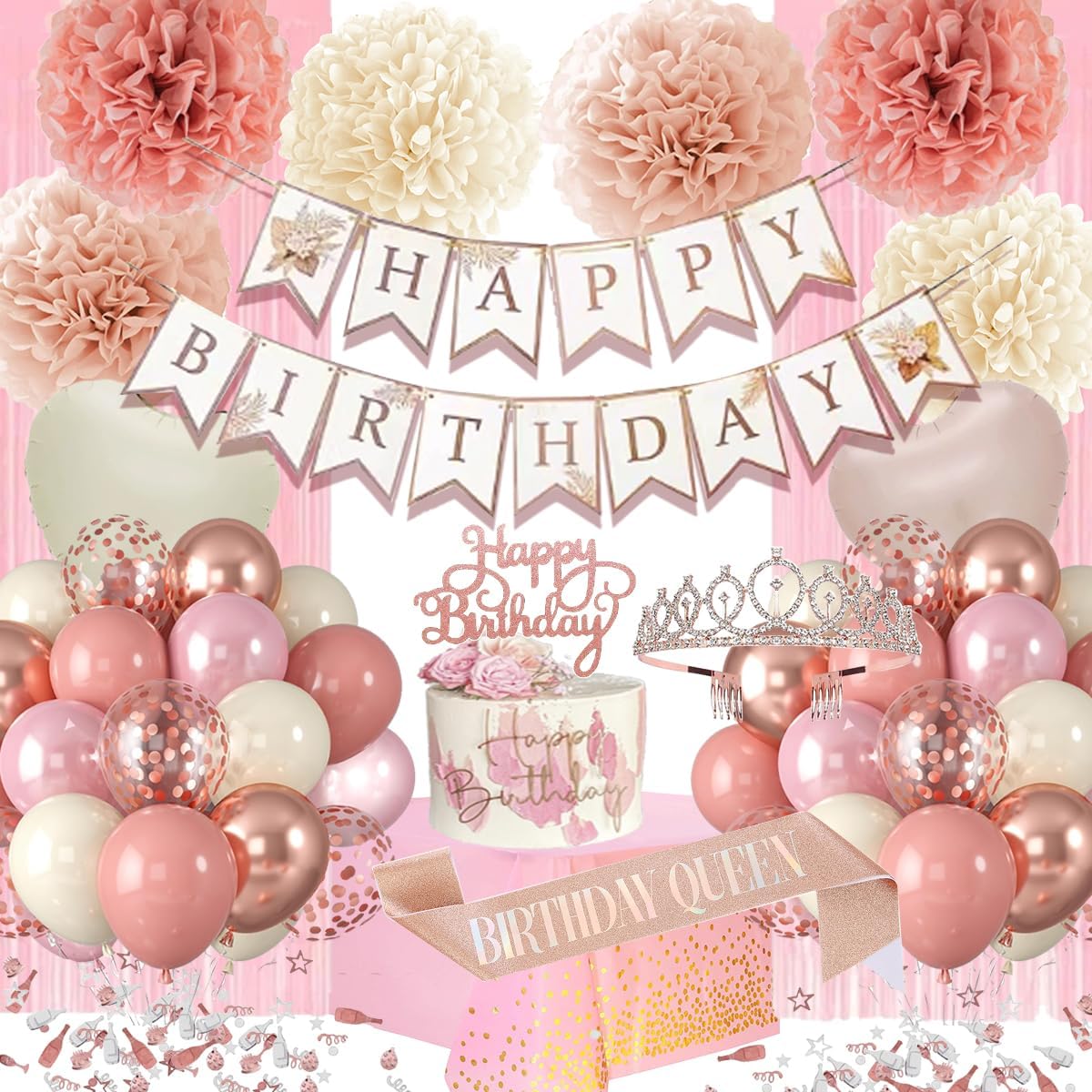 Amazon.com: Birthday Decorations Set, Pink Party Decoration with ...
