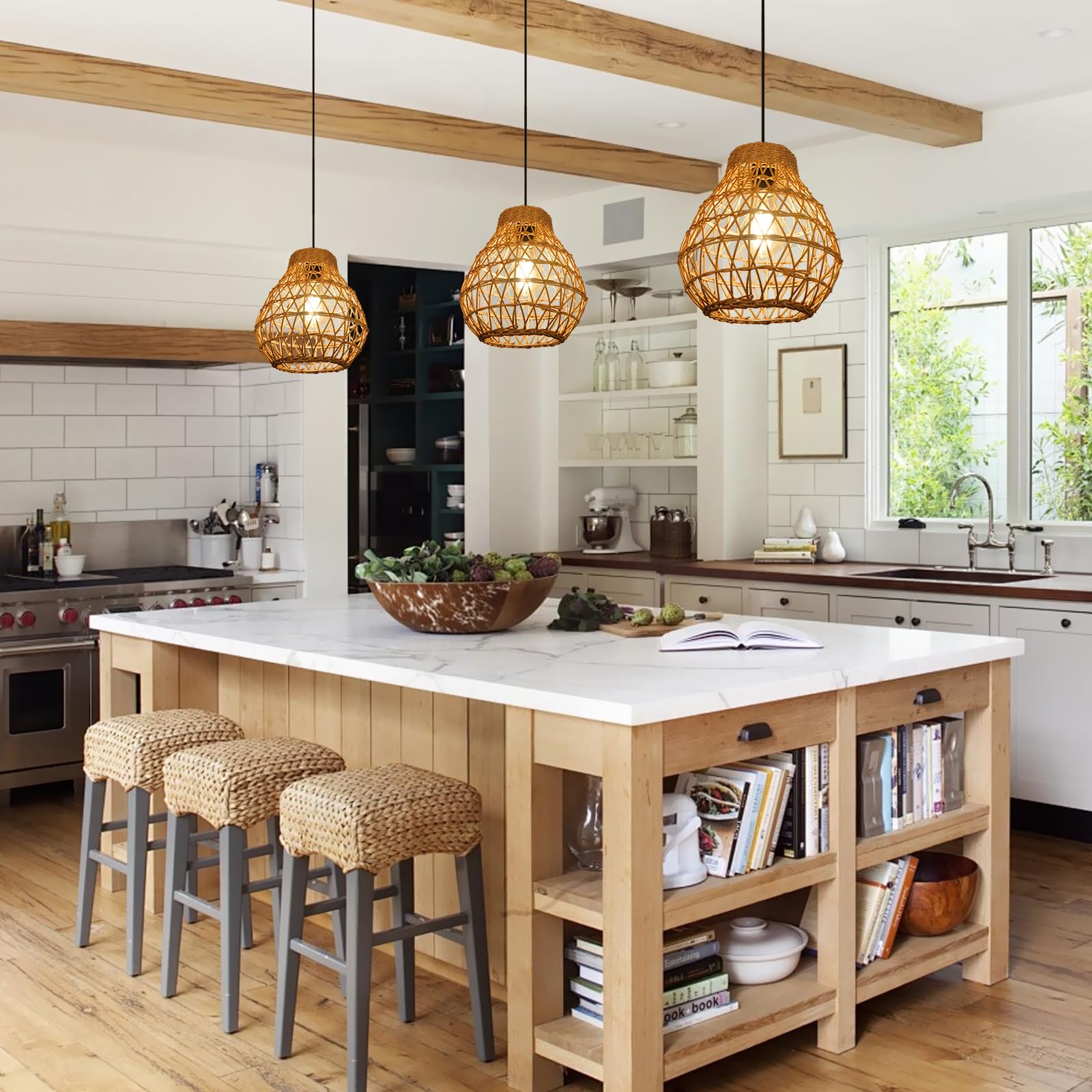 WalmHomie 1 Light Rattan Island Pendant Light, Coastal Rustic Wicker ...