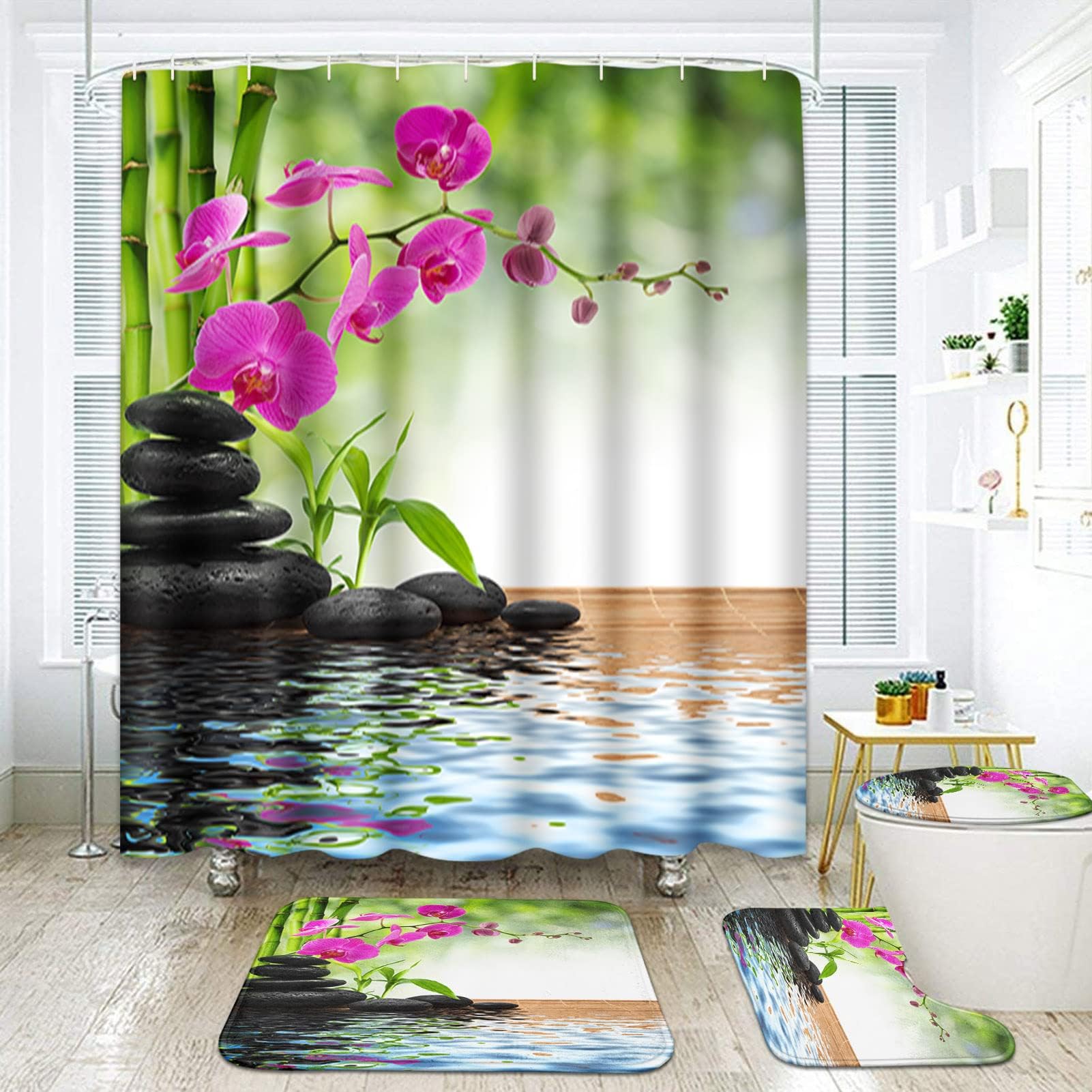 Amazon.com: OLEBETY 4PCS/Set Spa Zen Shower Curtain, Black Massage ...