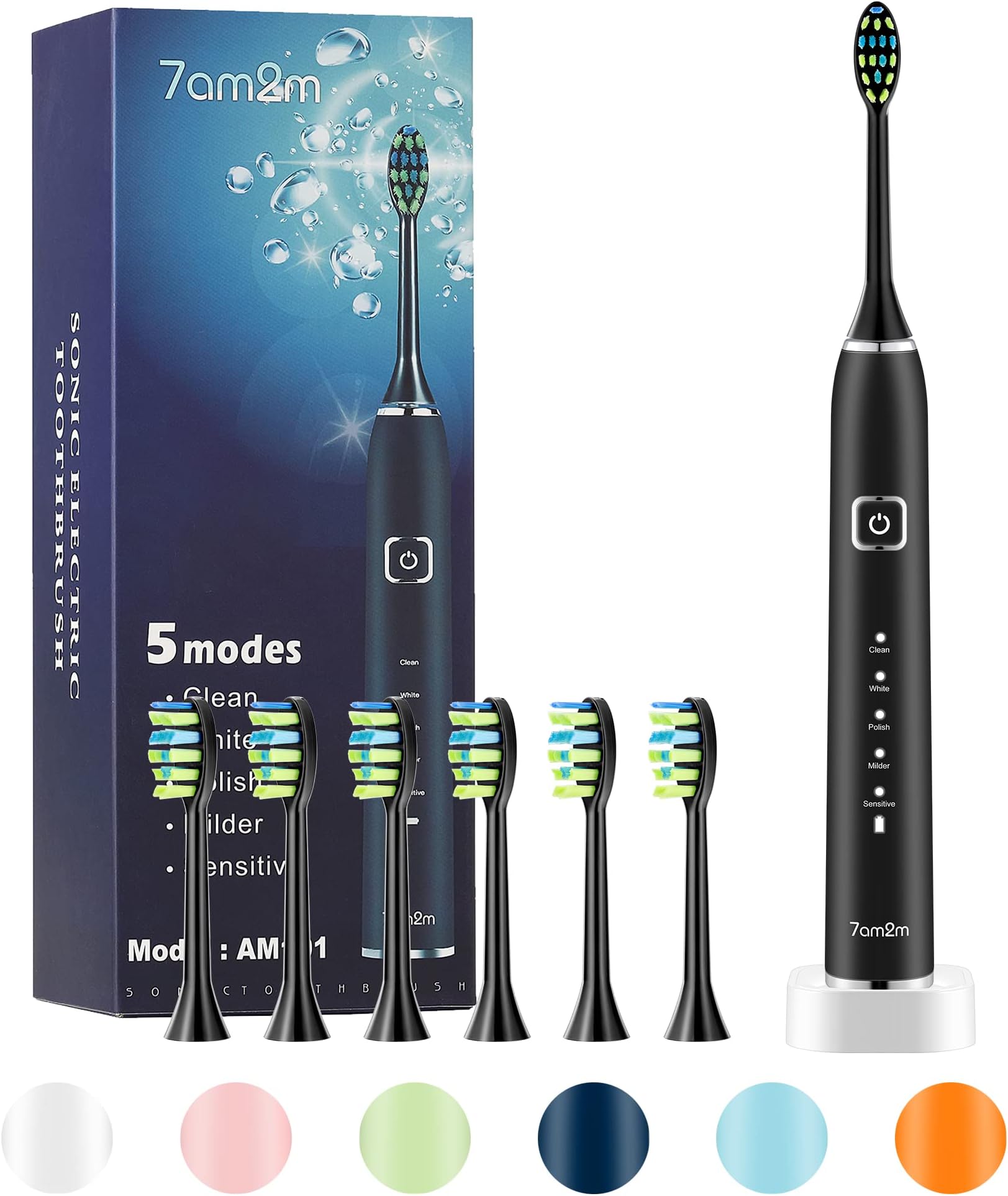 Amazon.com: 7AM2M Sonic Electric Toothbrush with 6 Brush Heads for Adults and Kids, One Charge ...
