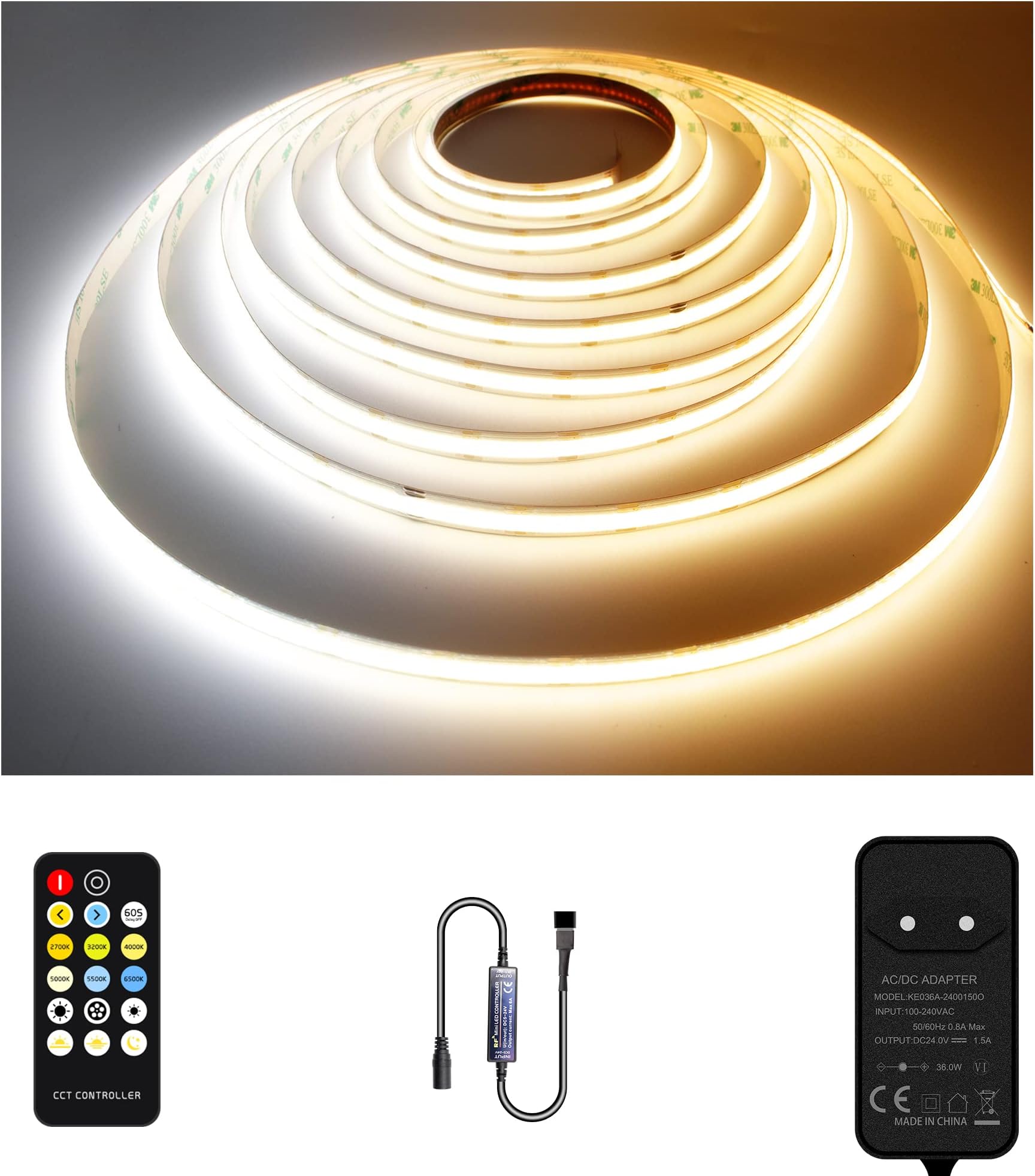 Striscia LED COB CCT 5 Metri, 2700K-6500K Striscia LED con Alimentatore ...