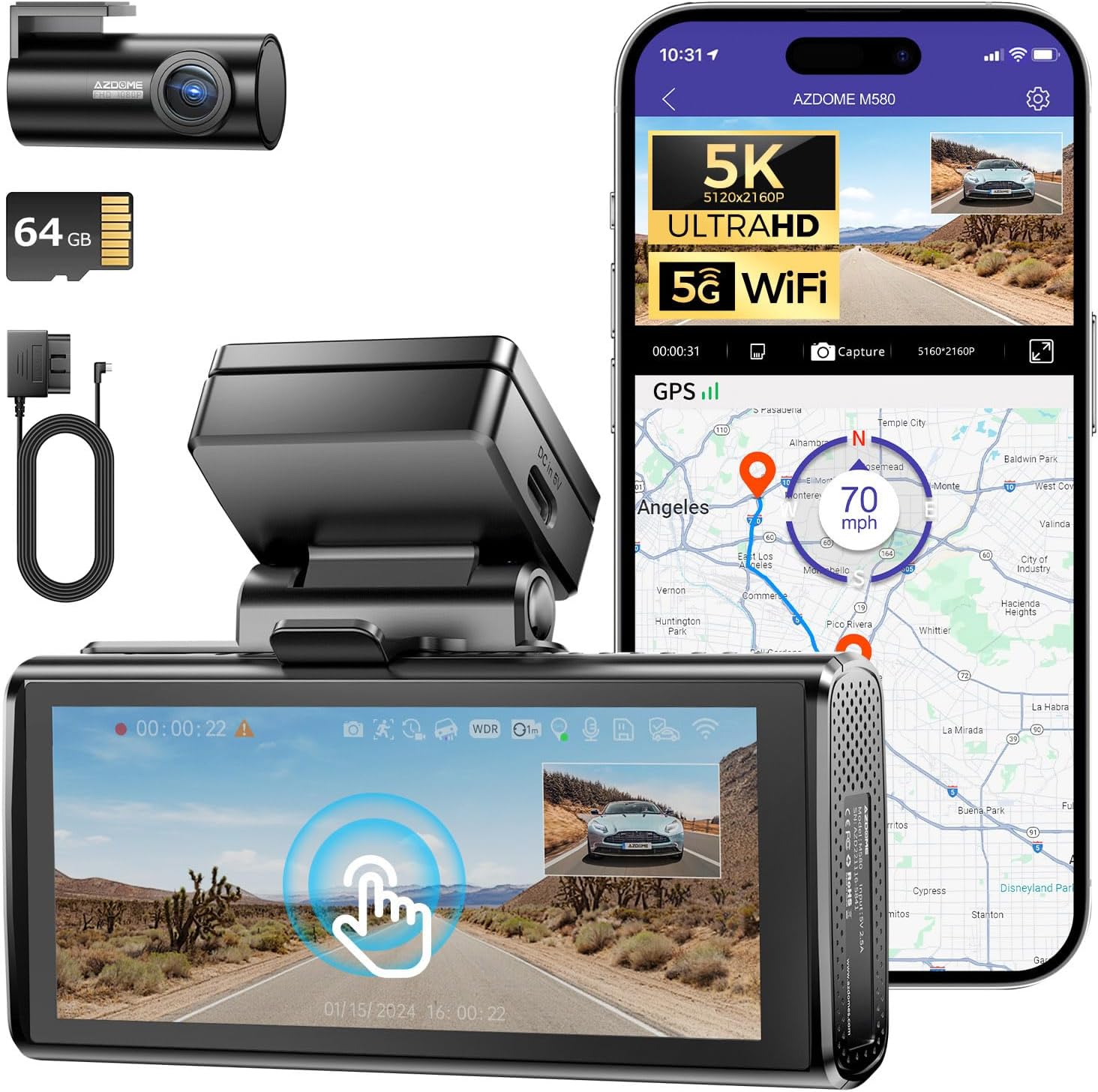 Amazon.com: AZDOME M580 5K Dash Cam with USB C OBD Hardwire Kit (OBD05 ...
