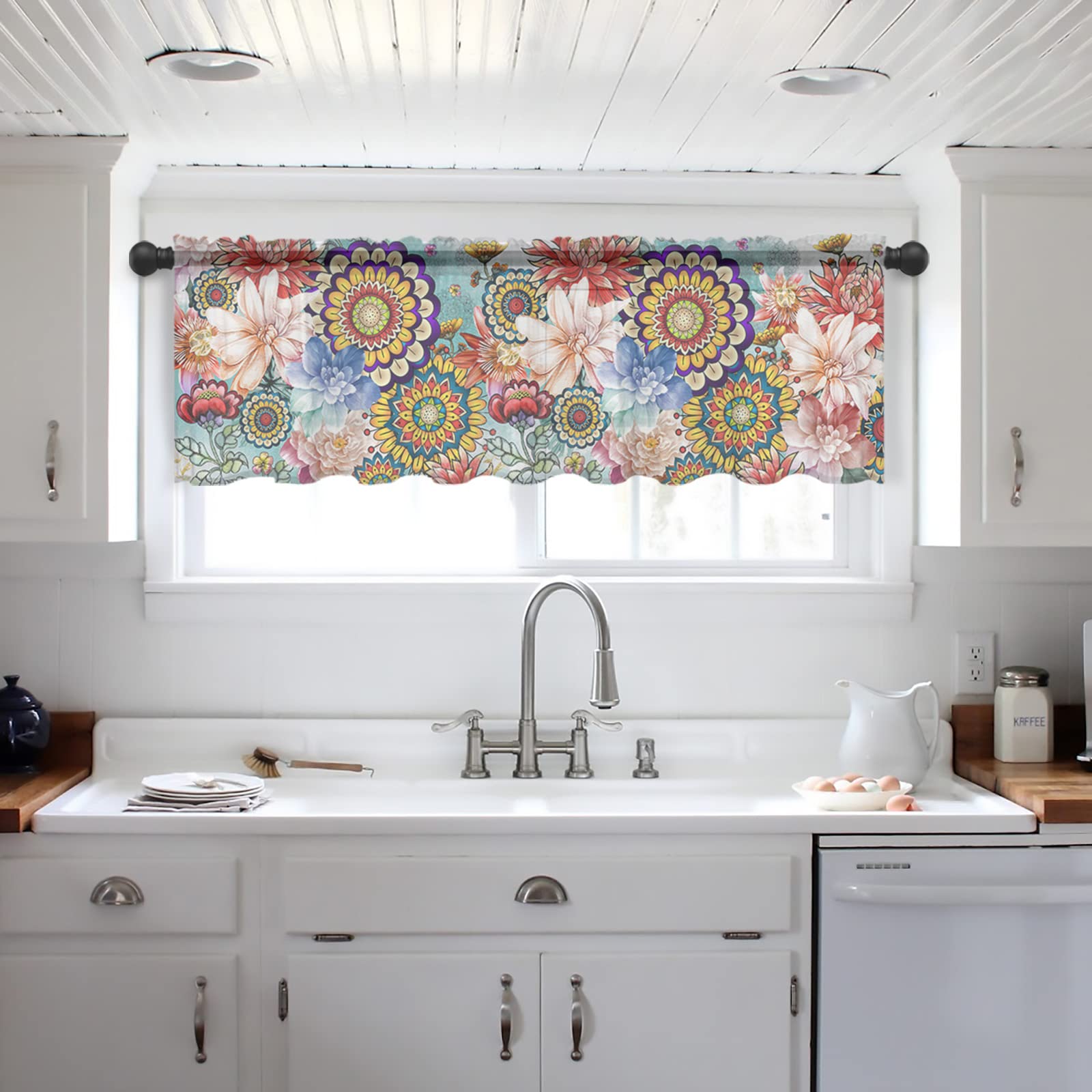 Amazon.com: Boho Flowers Valance Curtains for Kitchen/Living Room ...