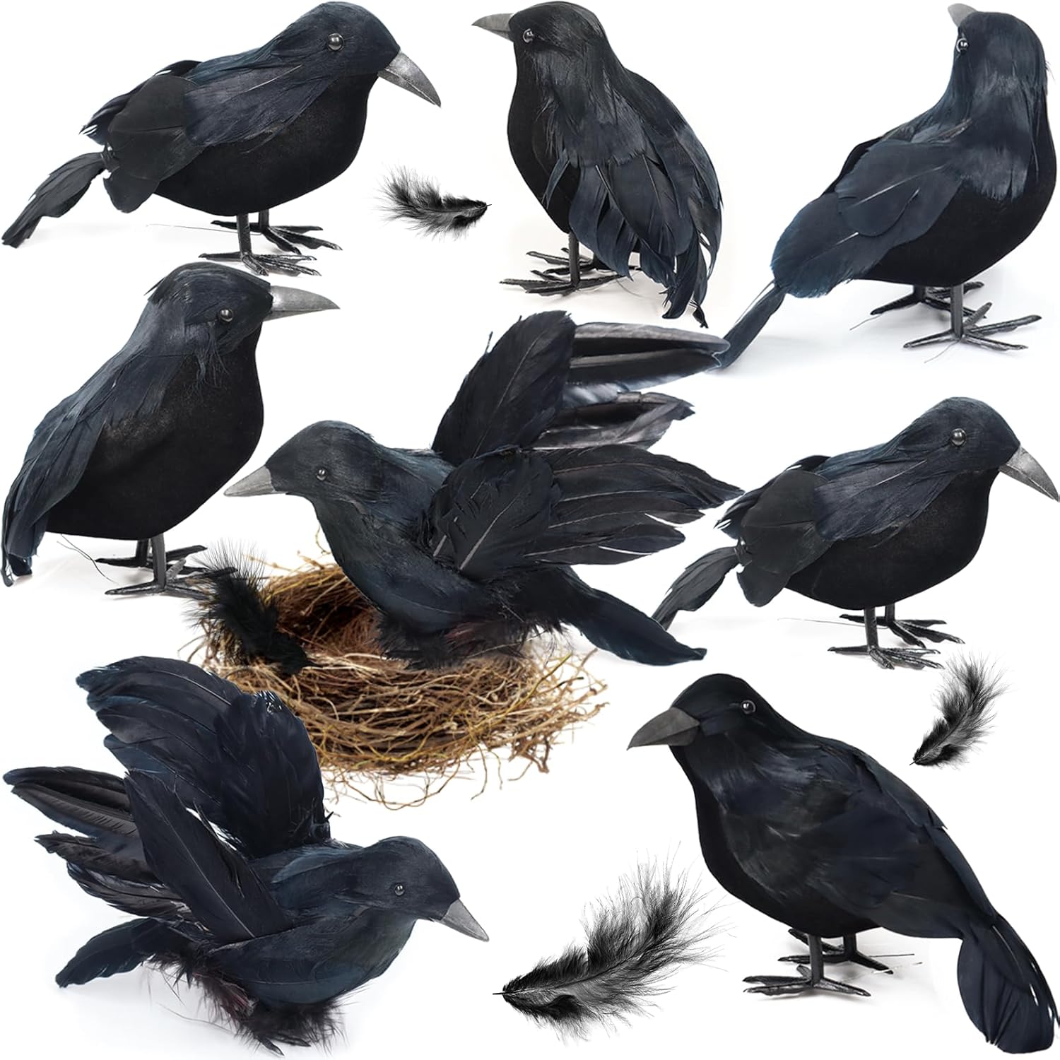 Amazon.com: TYKURLA 8 Packs Halloween Black Crows Feathered Crows ...