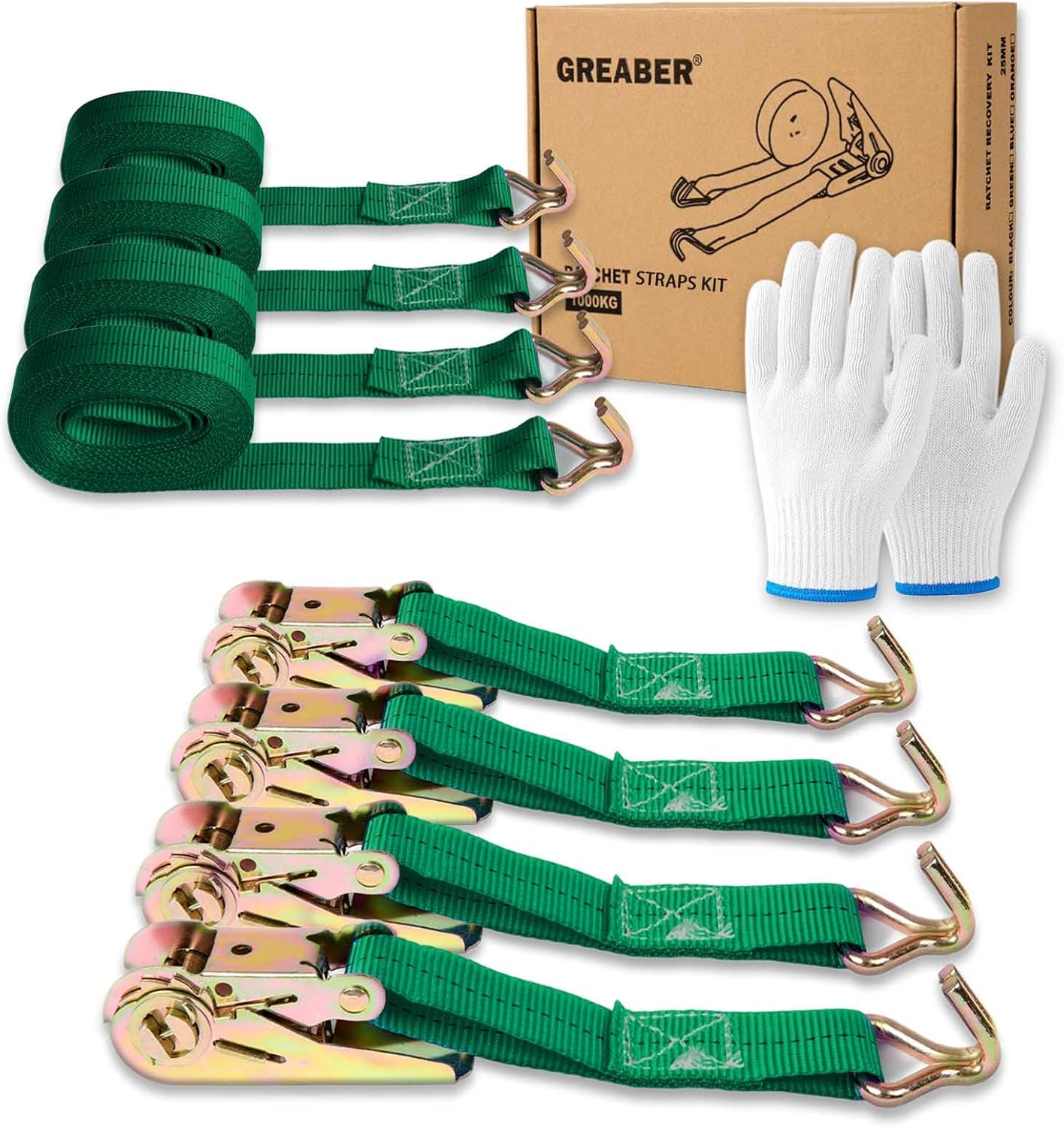Ratchet Straps (4-Pack), with 1x Work Gloves, 1000kg Break Strength, 5m ...