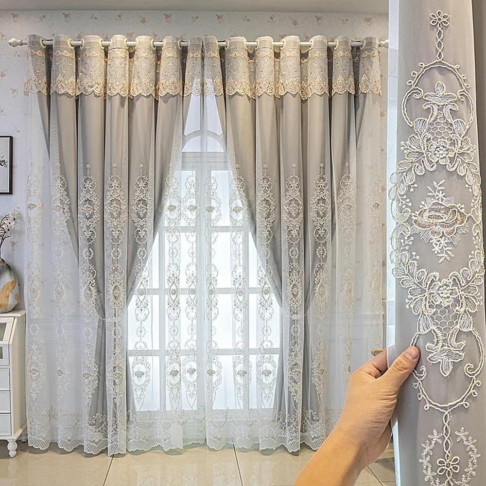 Amazon.com: Amidoudou 1 Pair European Double Layer Curtains with ...