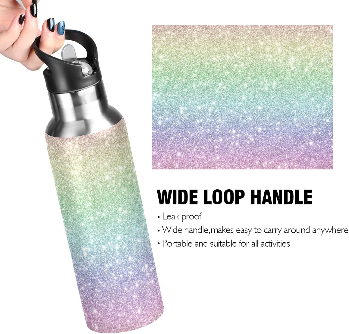 Botella de agua de acero inoxidable con purpurina brillante y diseño de arco iris, con tapa y ...