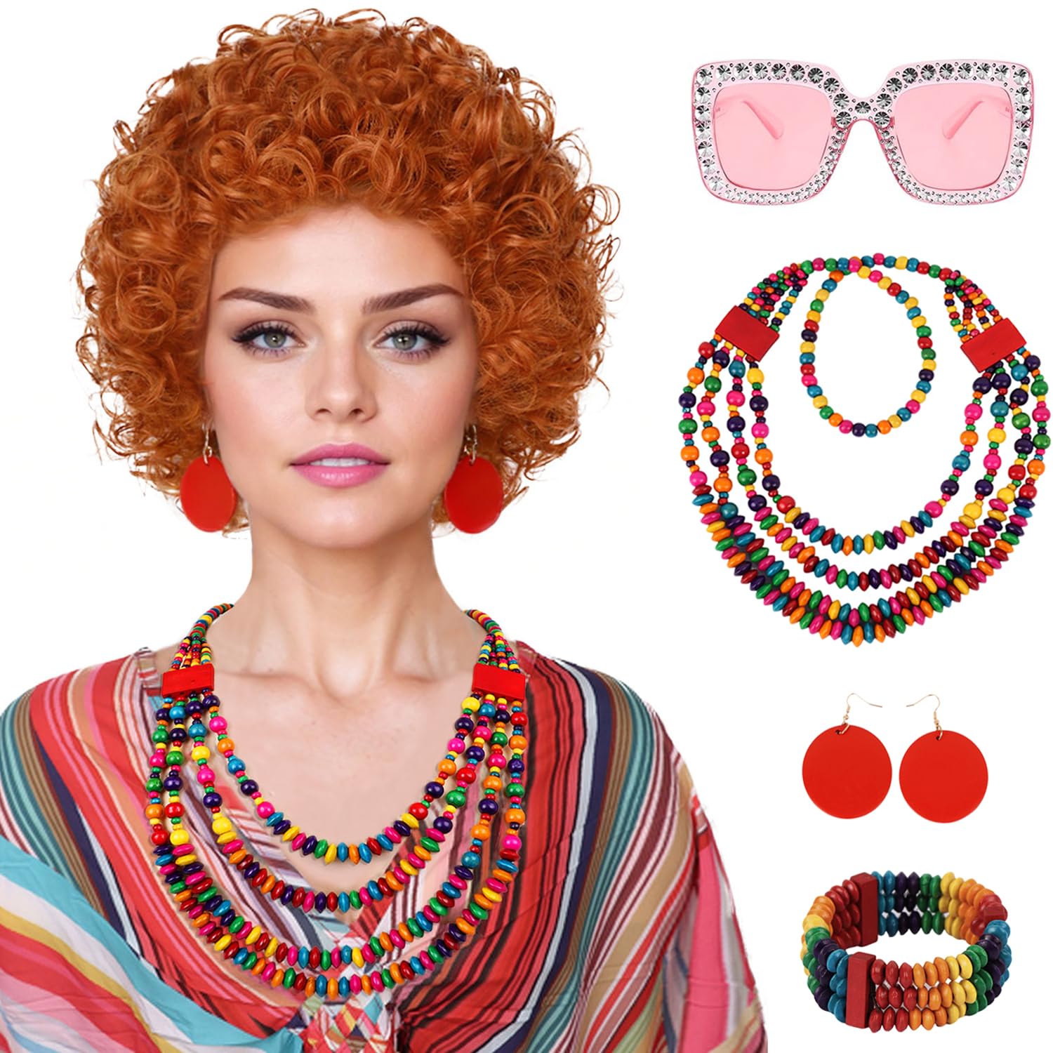 Amazon.com : Wallden Hair Red Orange Wig + Pink Sunglasses + Rainbow ...