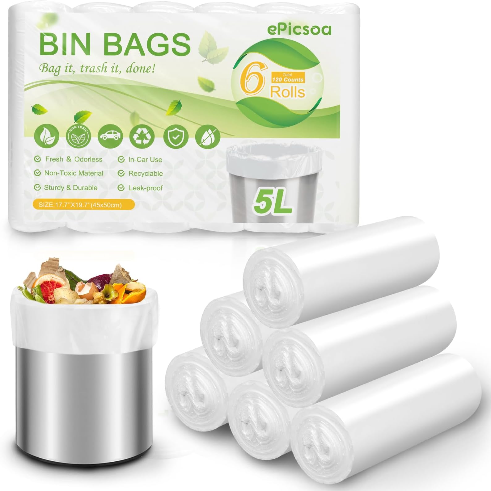 10L Small Bin Bags, 120 Counts Bin Liners Small Pedal Bin Bags Mini ...