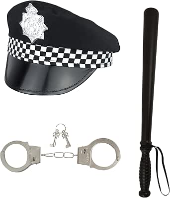 Lizzy Adult Policeman Hat + Police Stick + Handcuffs | Theme Party Mens ...