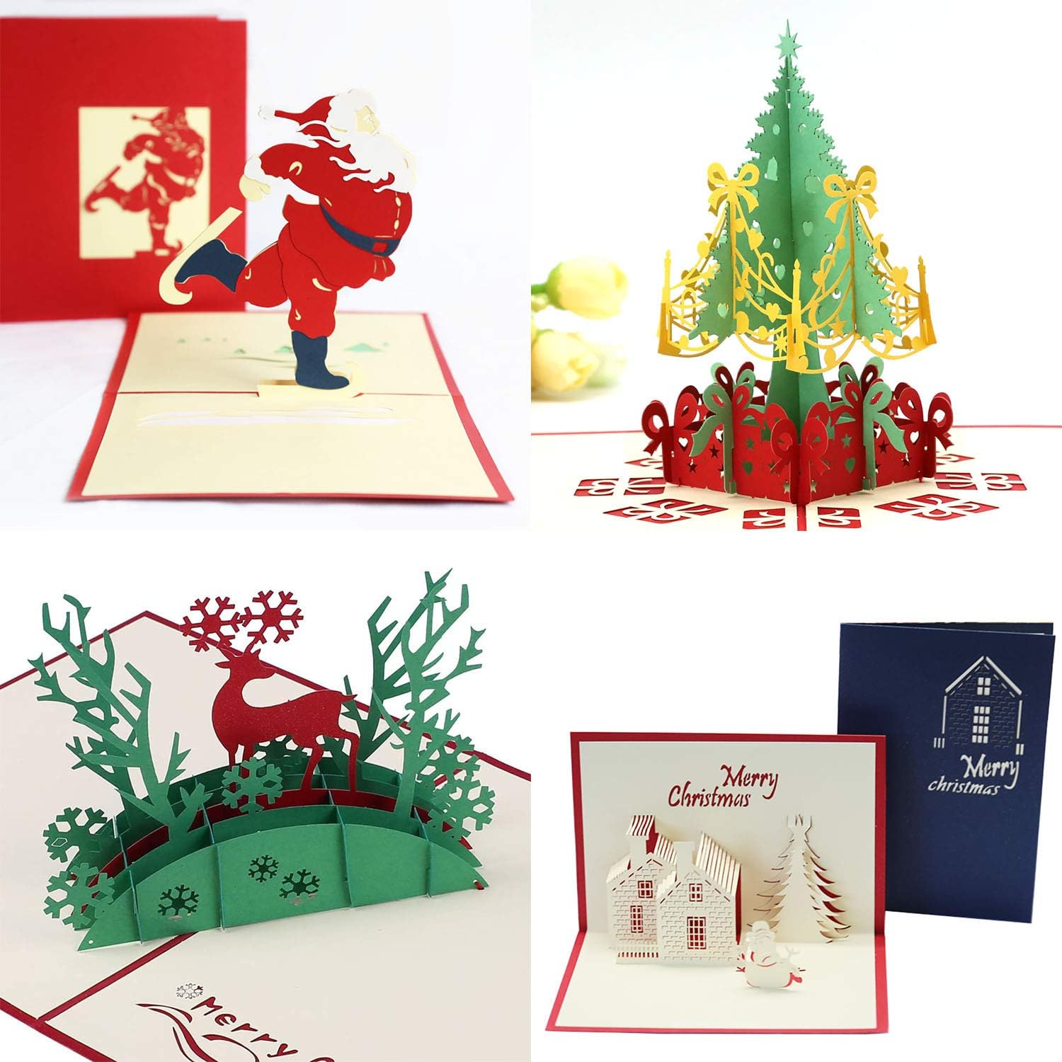 Buy Pop-Up Christmas Cards Set, 4 Pack 3D Christmas Holiday Cards ...