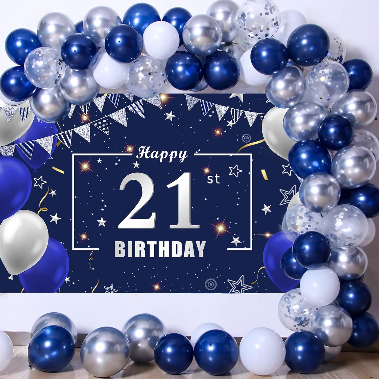 Amazon.com: 21st Birthday Decorations for Him, Navy Blue Silver 21st ...
