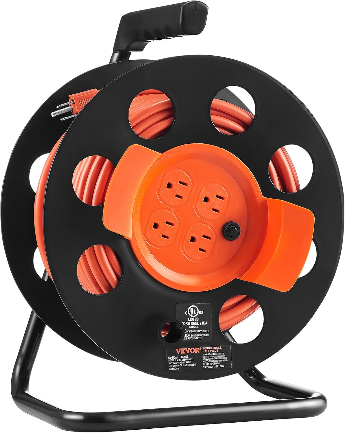 VEVOR Extension Cord Reel, 100FT, with 4 Outlets and Dust Cover, Heavy ...