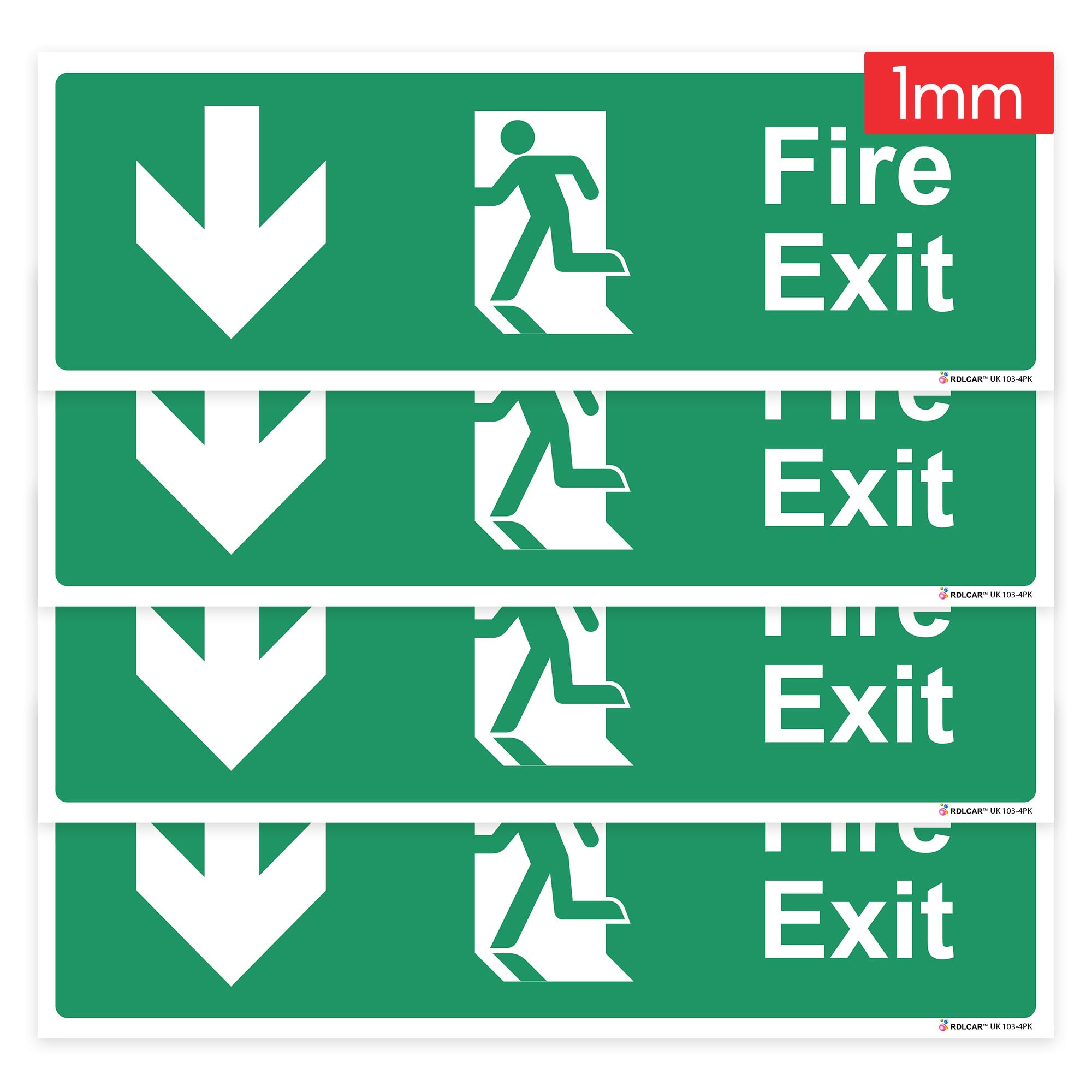 RDLCAR Fire Exit Down Sign 1mm Rigid Pack of 4 Self Adhesive 300mm x ...