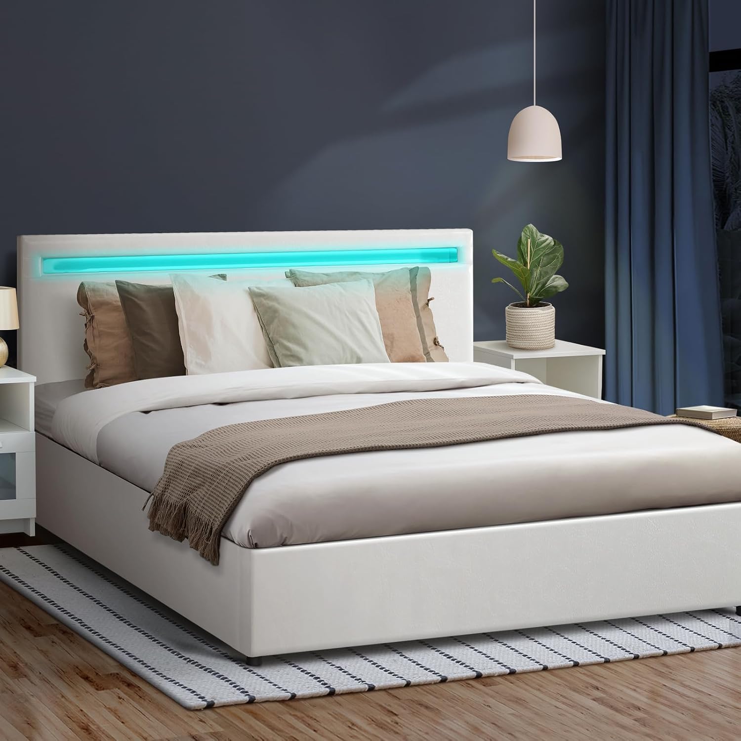 Oikiture Double Bed Frame with Storage and Gas Lift PU Leather ...