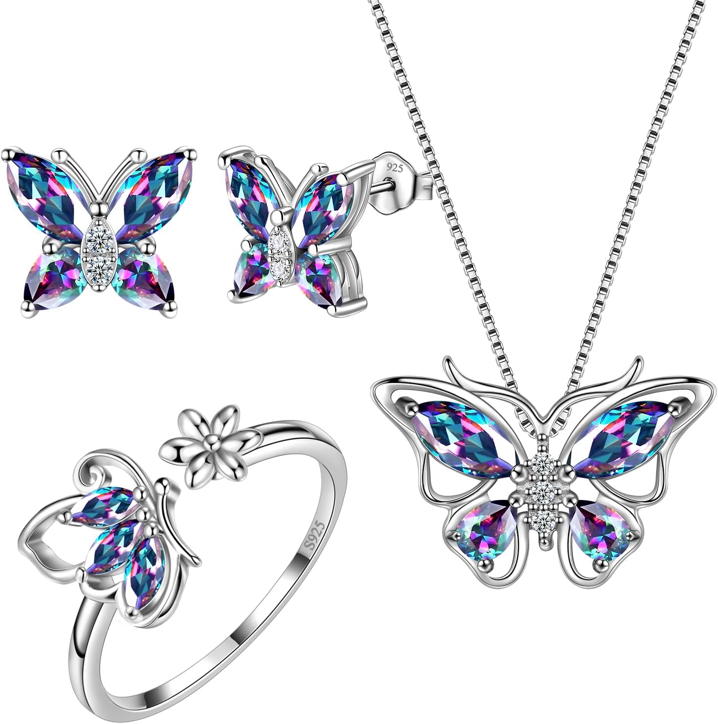 Amazon.com: Aurora Tears Birthstone Butterfly Necklace Earrings Ring ...