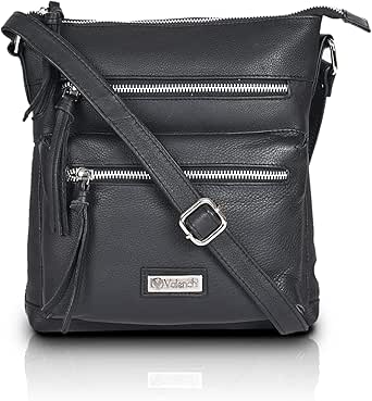 VALENCHI Genuine Leather Crossbody Bag with front Metal Zipper Pockets ...