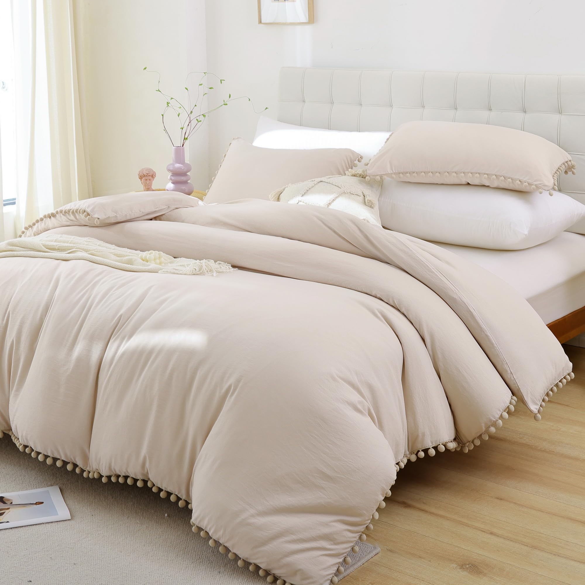 Smoofy Beige Comforter Set Queen Size Pom Fringe Boho Chic Cute Ball ...