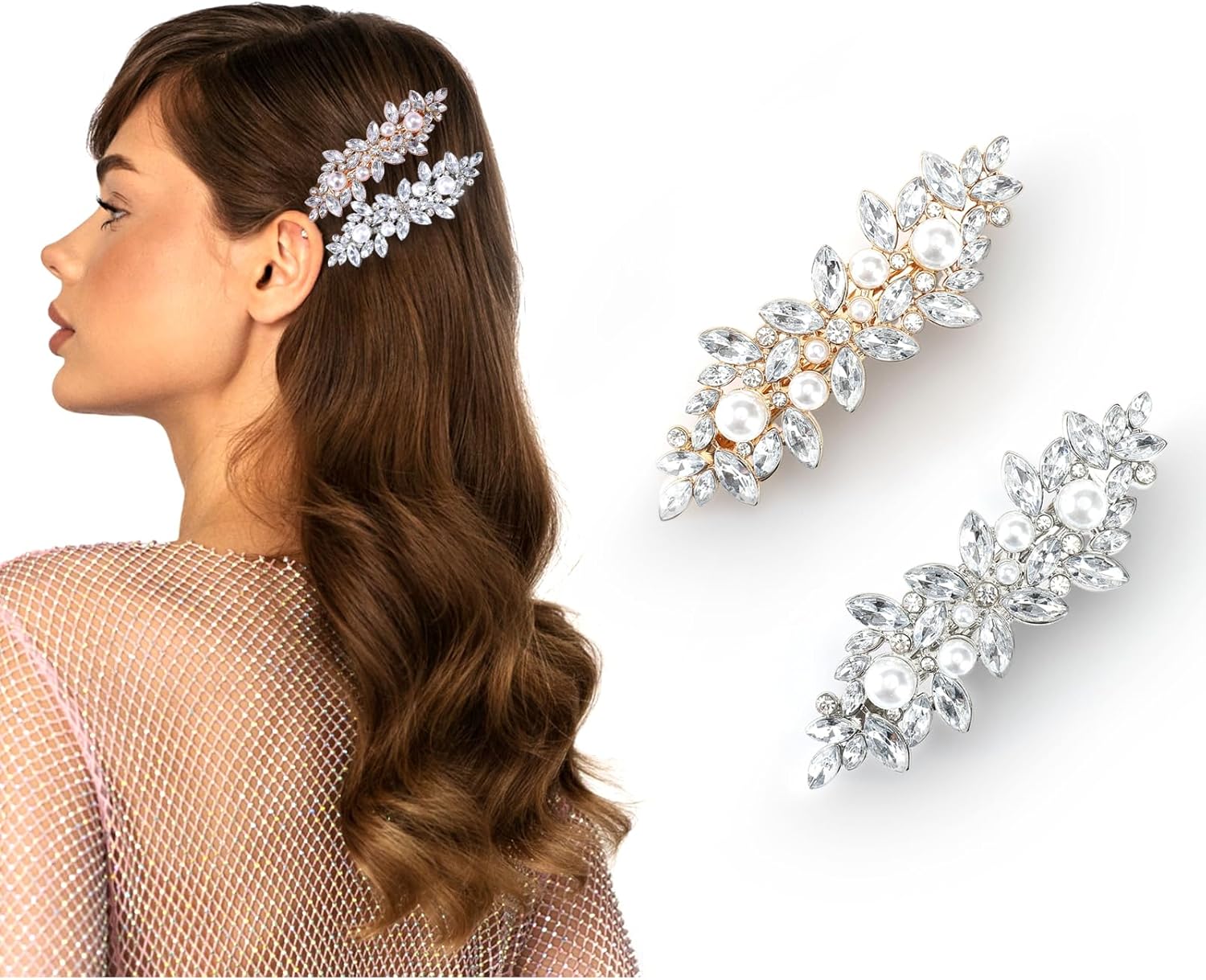 Lusofie 2Pcs Rhinestone Hair Clips Crystal Pearl Bridal Hair Clip Fancy ...