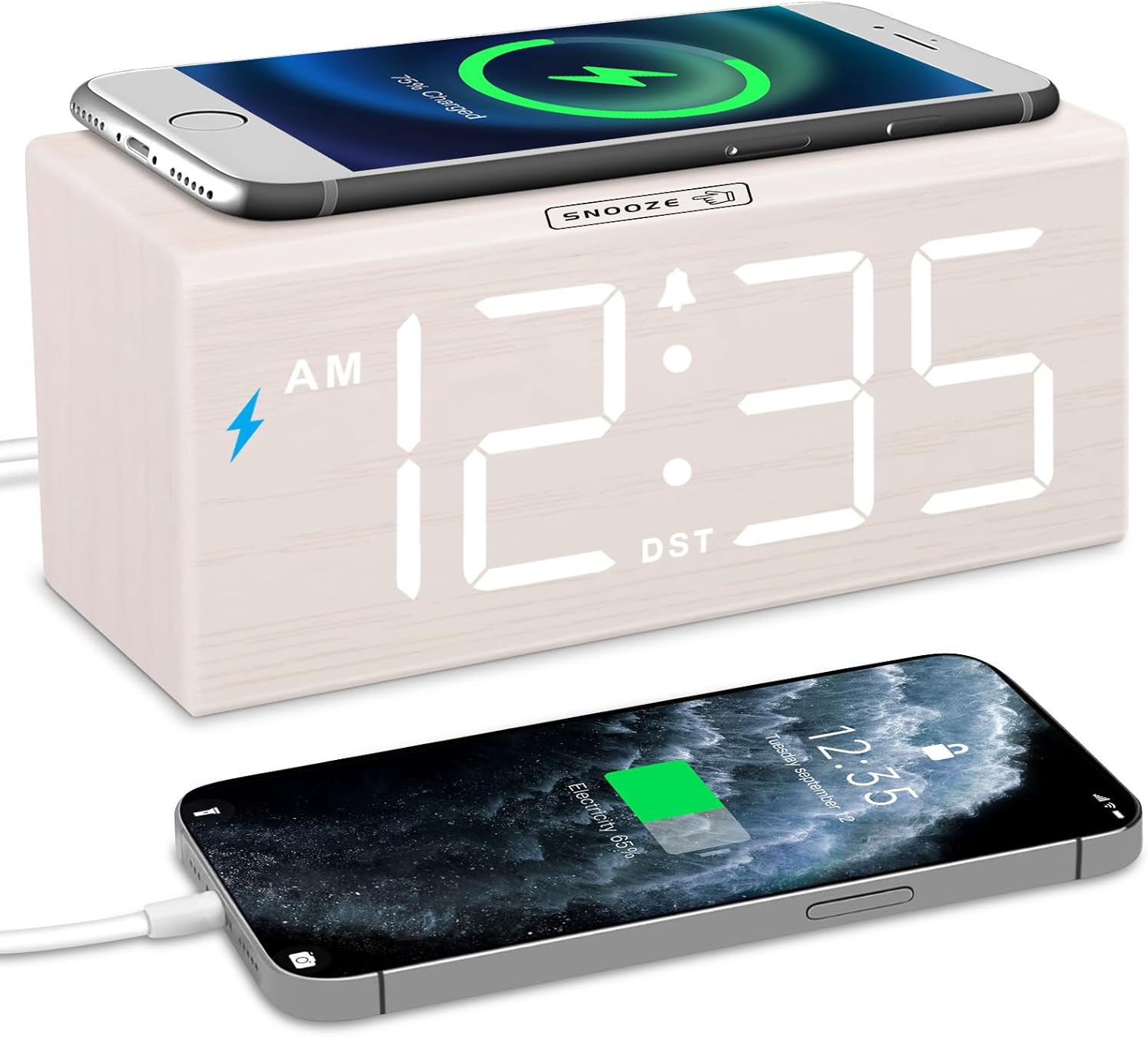 Amazon.com: DreamSky Wooden Digital Alarm Clock with Wireless Charging ...