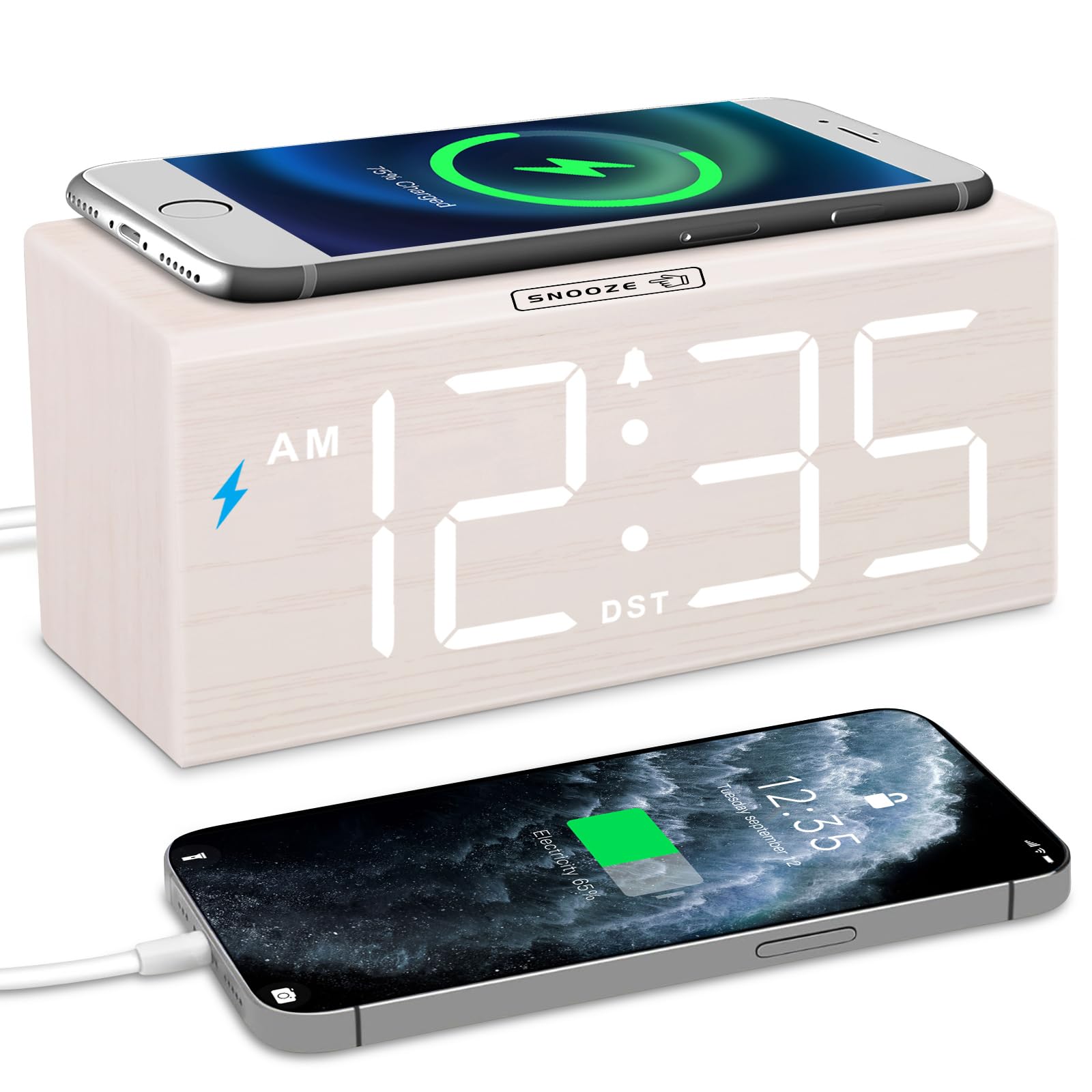 Amazon.com: DreamSky Wooden Digital Alarm Clock with Wireless Charging ...