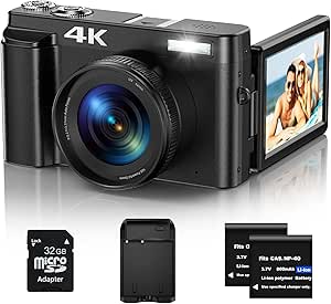4K 48MP Autofocus Video Camera with 32G Card, 2.7' 180°Flip Screen Compact Vlogging Camera for ...