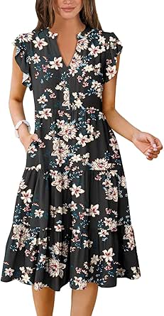 ANRABESS Womens Summer Ruffle Sleeve V Neck Floral Print Midi Dress ...