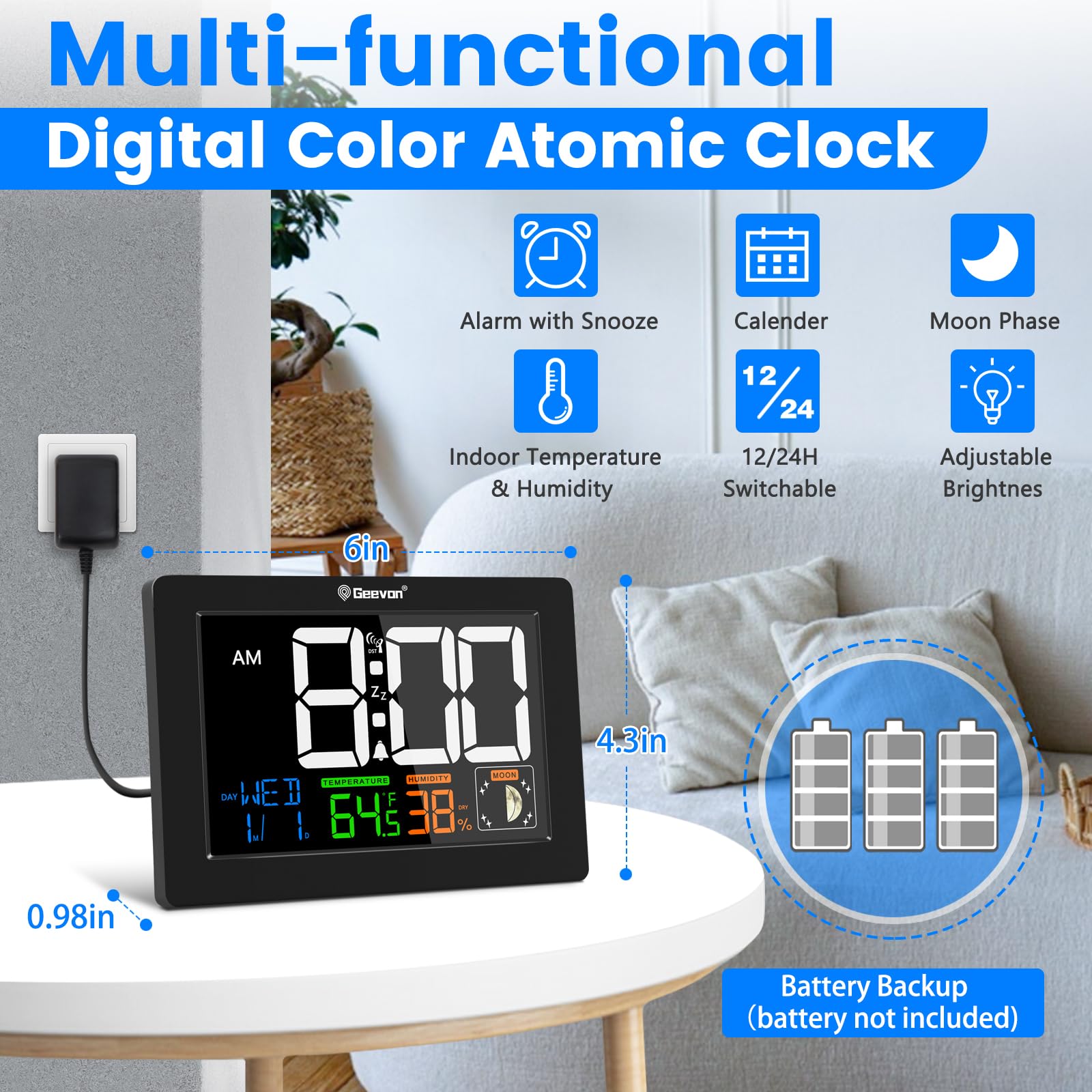 Geevon Digital Atomic Alarm Clock, Large Color Display Small Atomic ...