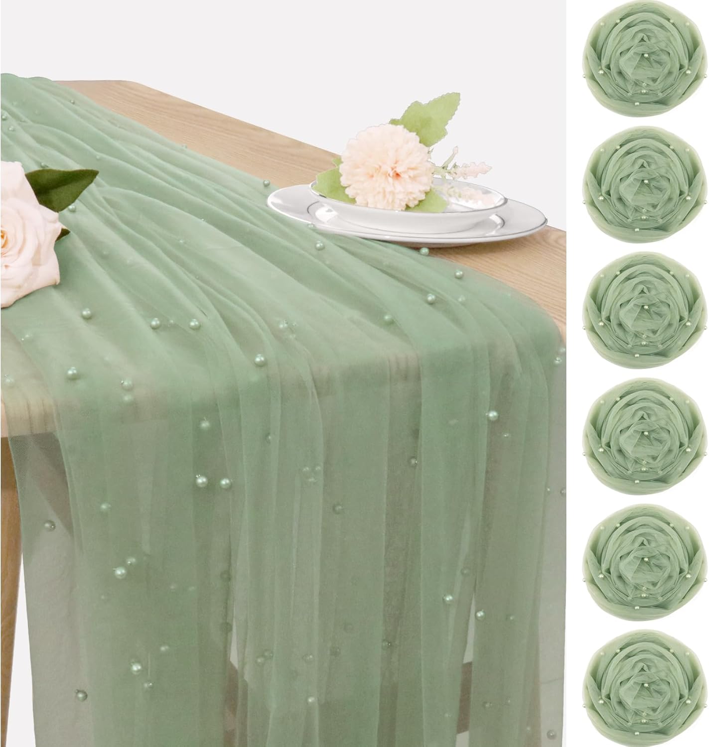 Amazon.com: Set of 6 Pearl Table Runner 29 x 120 Inch Sage Green Tulle ...