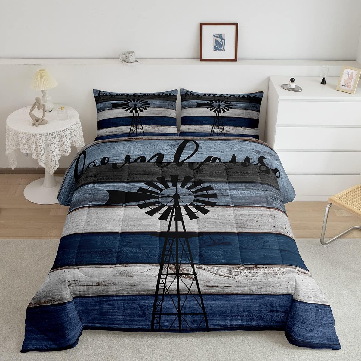 Amazon.com: Rustic Country Windmill Comforter Set Blue Grey Wooden ...