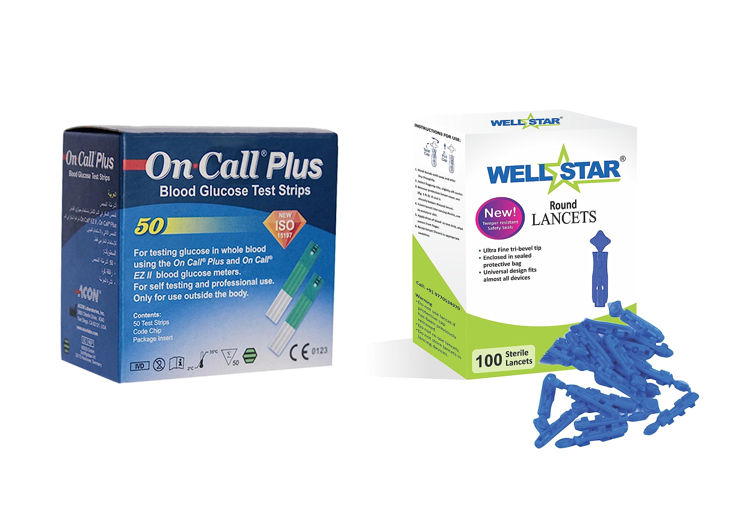 Wellstar ROUND Glucometer Lancets with ONCALL PLUS 50 Test Strips ...