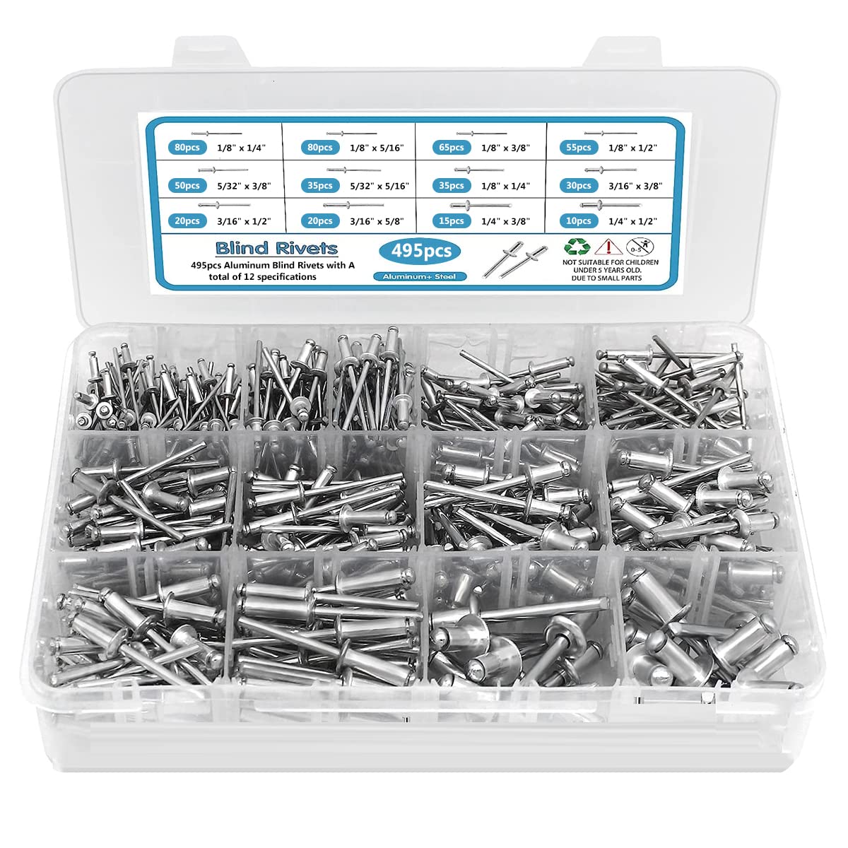 Amazon.com: 495Pcs Pop Rivets Assortment Kit，Pop Rivets Blind Rivets ...