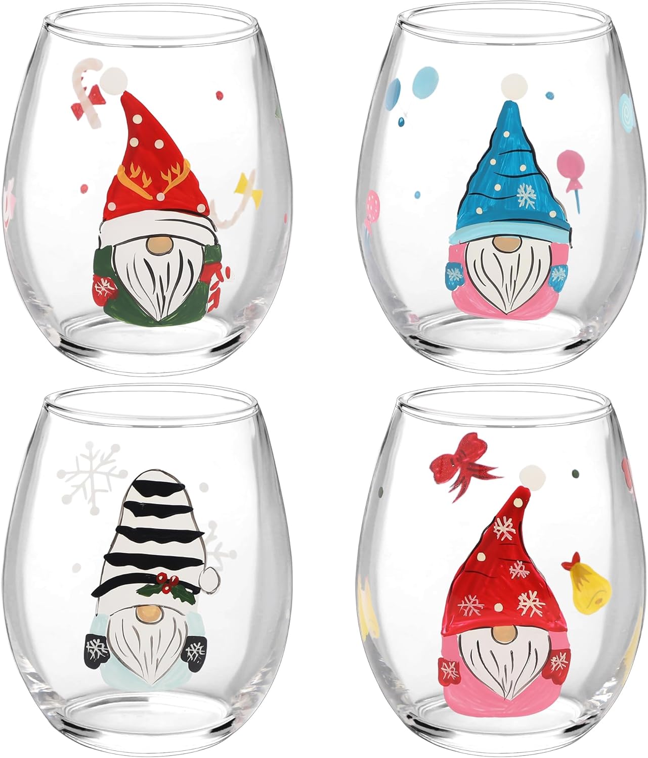 Amazon.com | DR.DUDU Christmas Wine Glasses Cups Set of 4, Stemless Drinking Glass with Cute ...