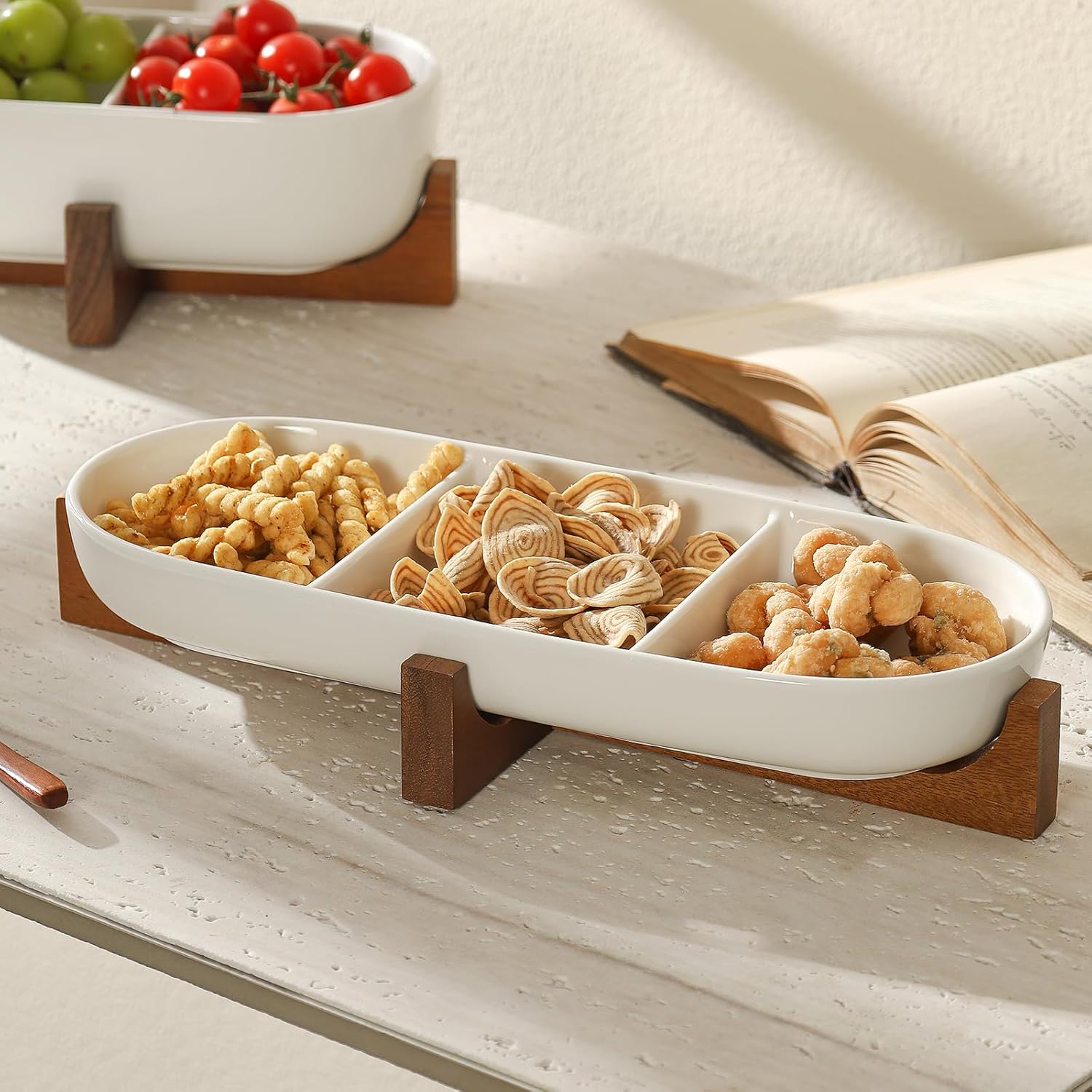 Amazon.com | AYUCIA Divided Ceramic Serving Plate with Acacia Wood Base ...