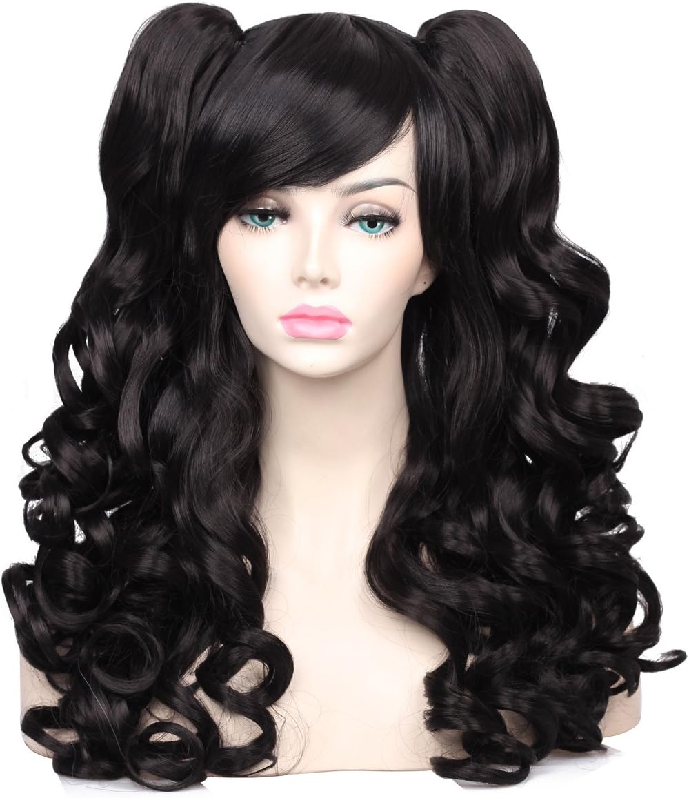 Amazon.com: ColorGround Long Curly Cosplay Wig with 2 Ponytails(Black ...