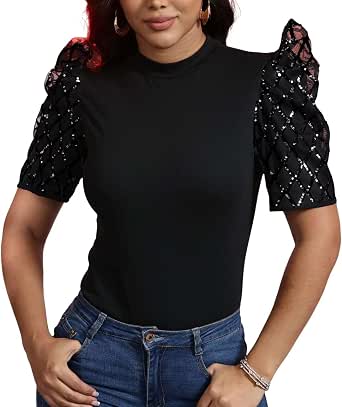 acelyn Women Sexy Sparkle Shimmer Sequin Top See Through Mesh Puff ...