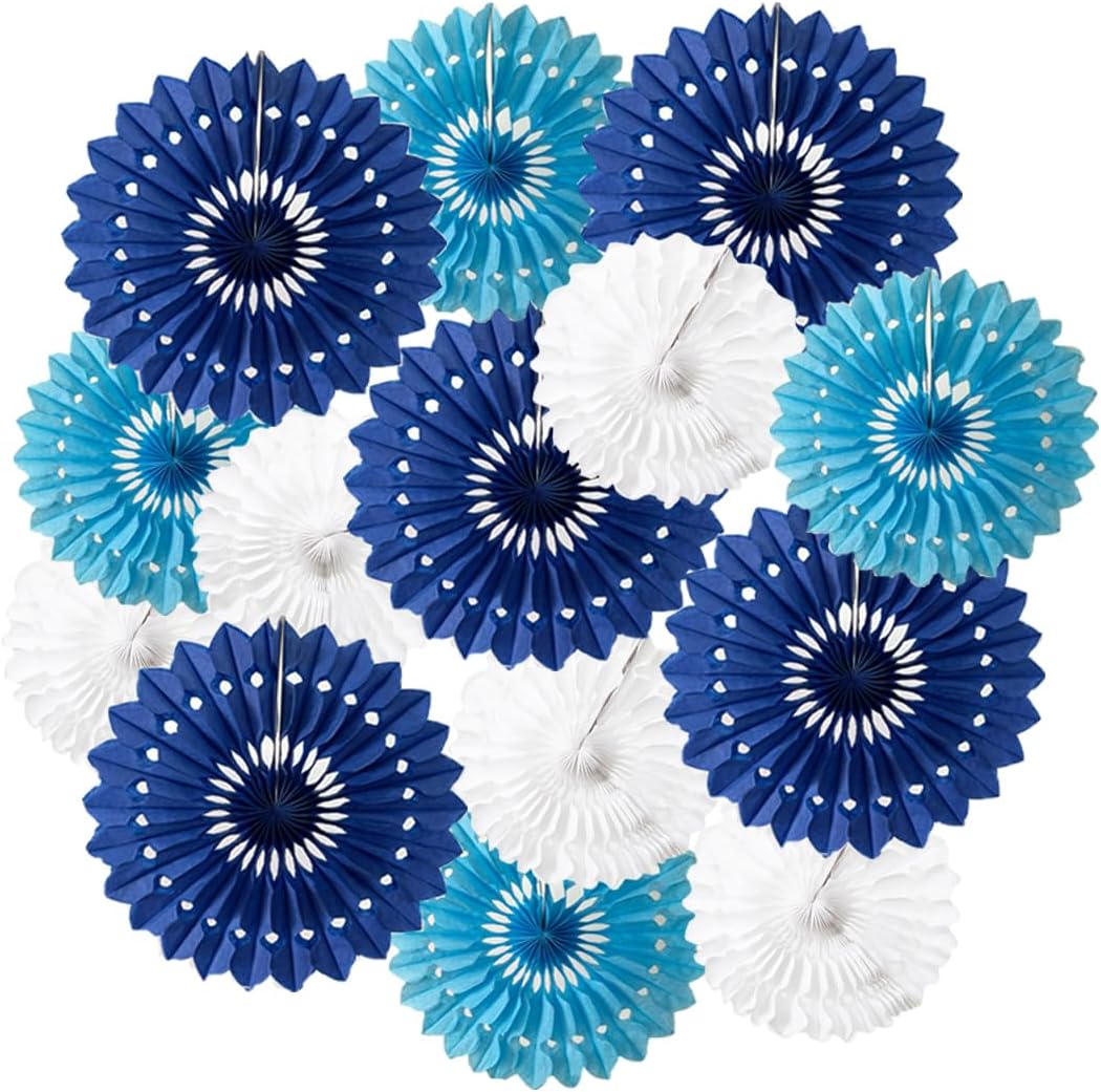 Amazon.com: Meeom 15pcs 6'' 8'' 10'' Paper Fans Decorations Round Blue ...