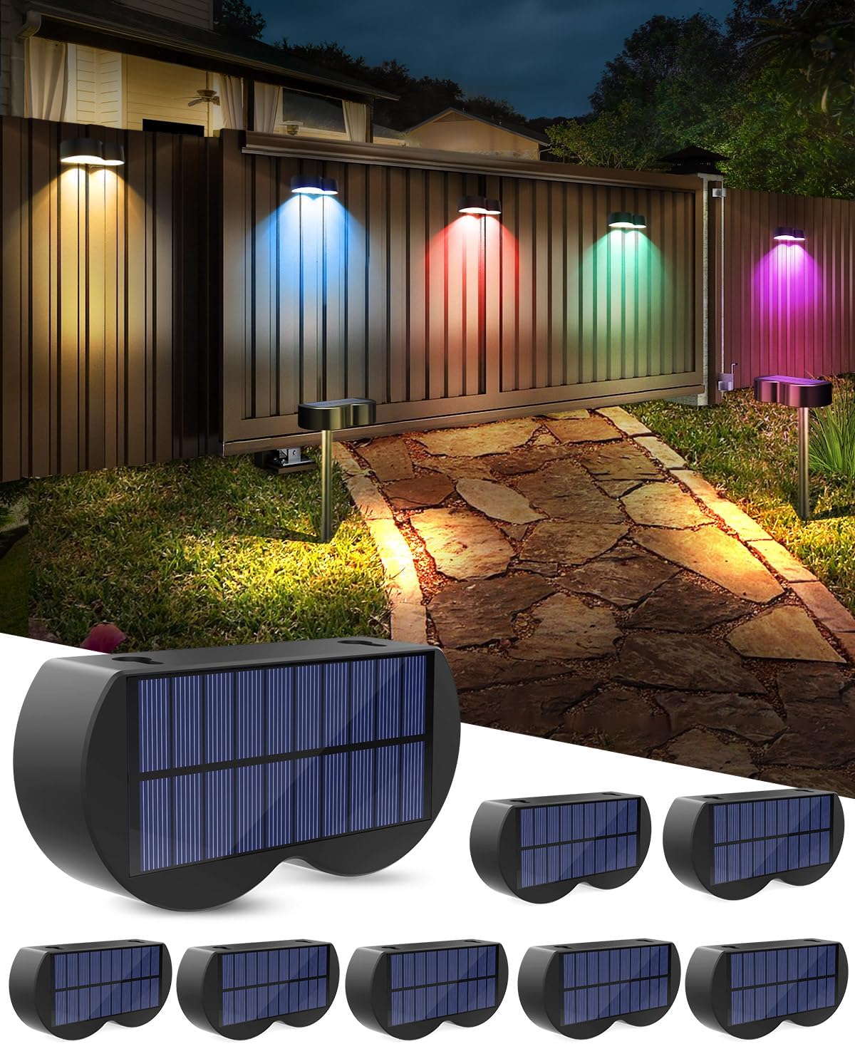 2-in-1 Solar Lights Outdoor 8 Pack with Ground Stakes, RGBWW 10 Fixed ...