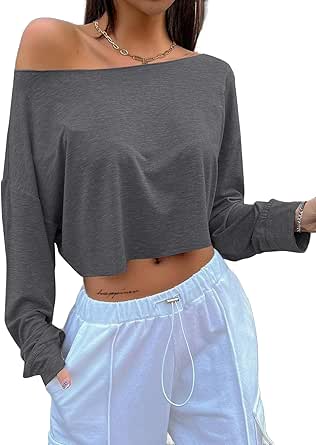 Avanova Women Off The Shoulder Crop Tops Long Sleeve T Shirts Oversized ...