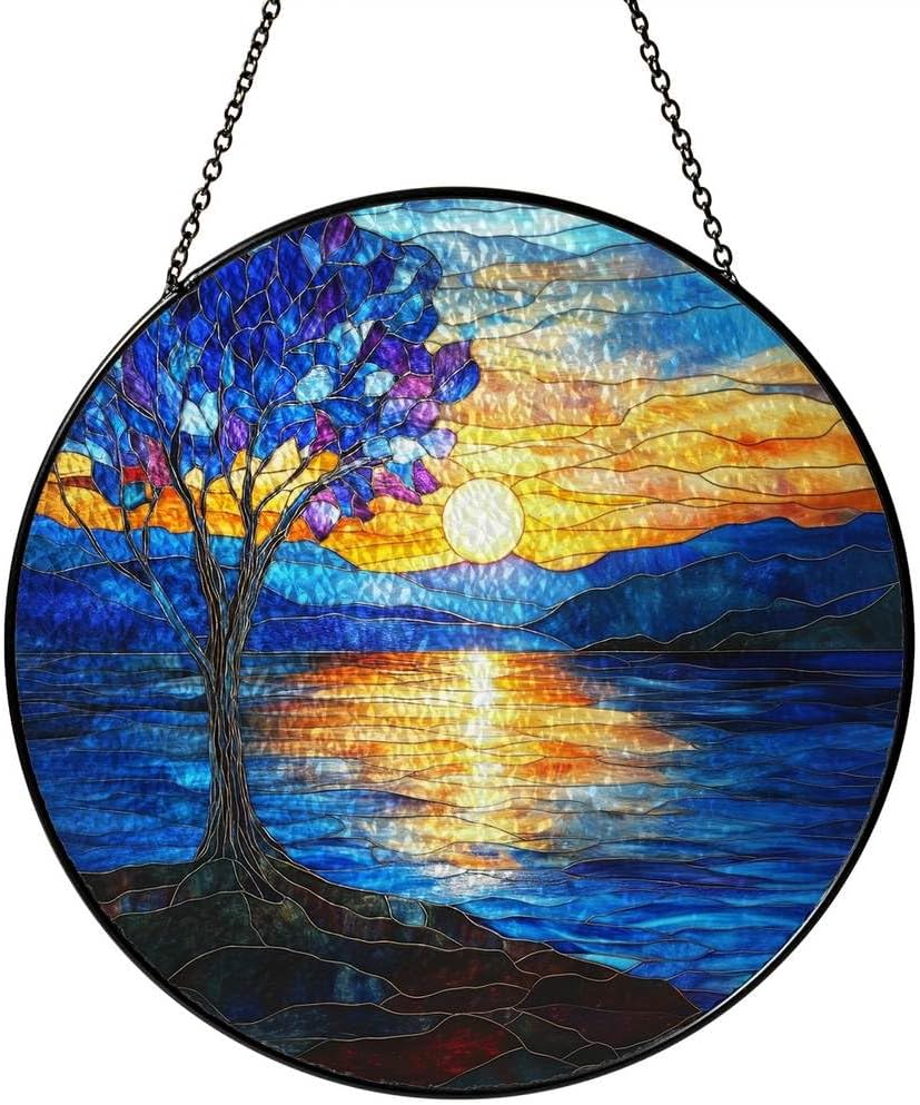 Amazon.com: Stained Glass Sunset Over A Lake Ornaments Suncatcher ...