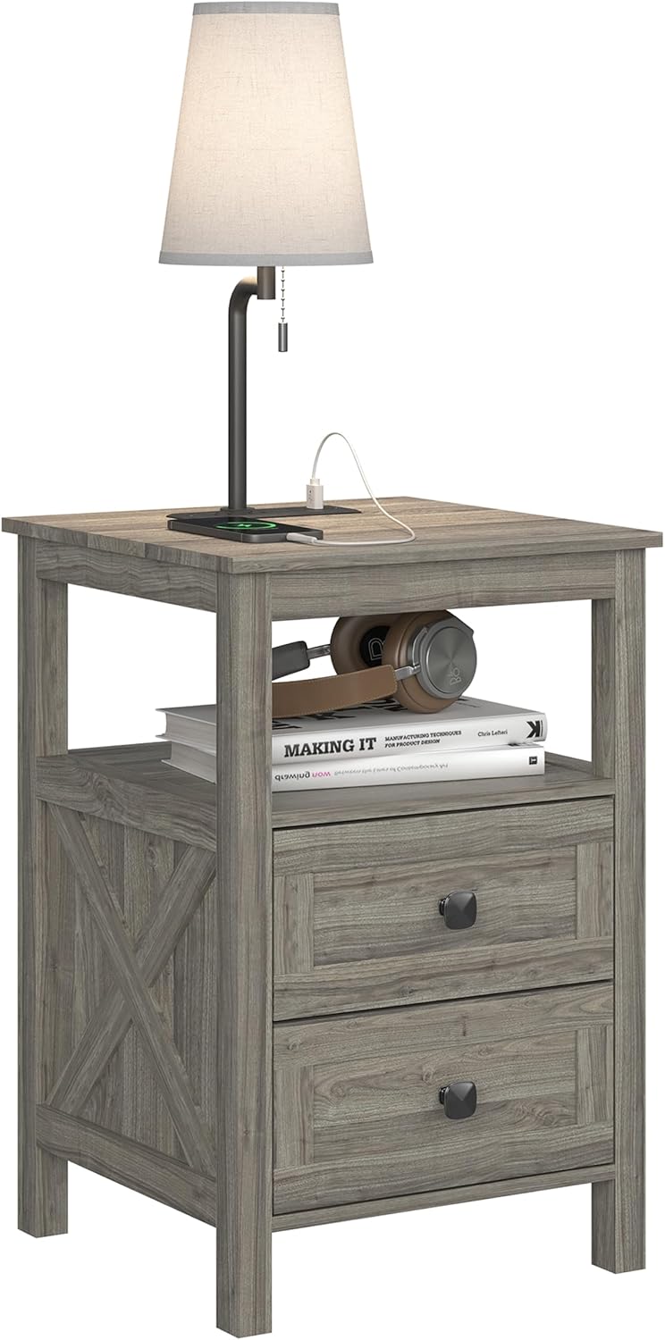 Amazon.com: WOPITUES Nightstand with Charging Station, Farmhouse Night ...