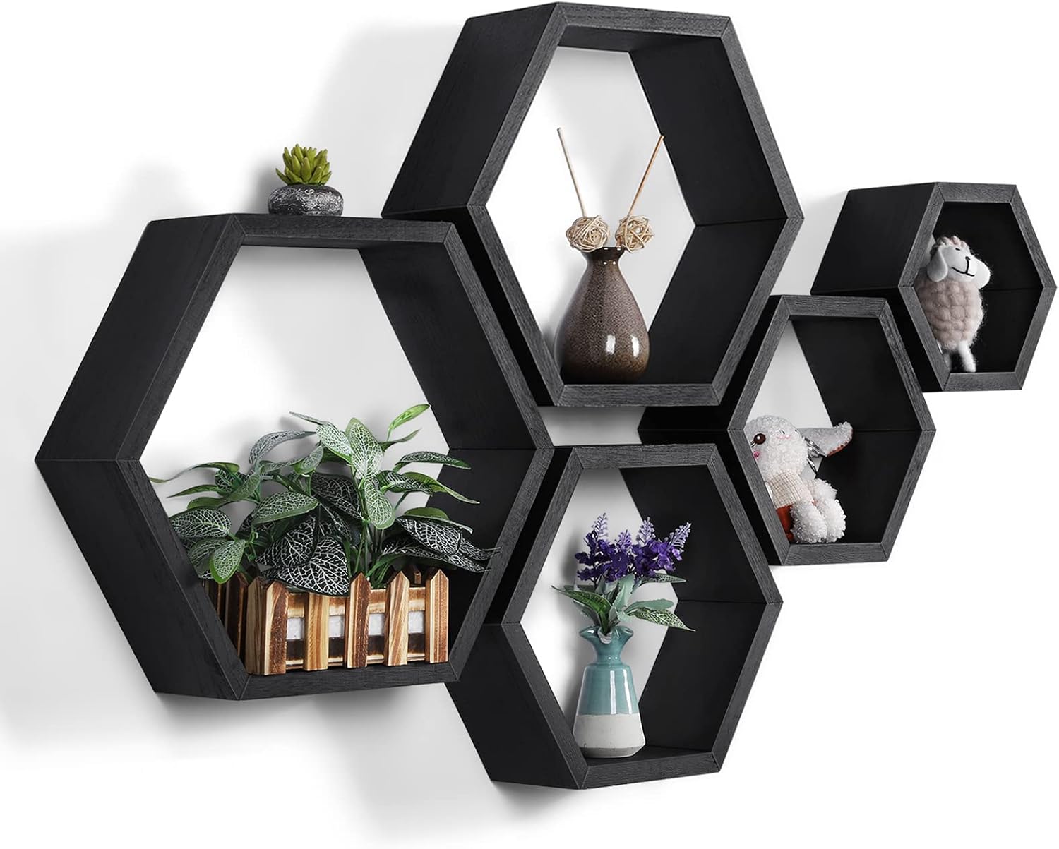 Amazon.com: SEHERTIWY 5 Packs Hexagonal Floating Shelves, Black Wood ...