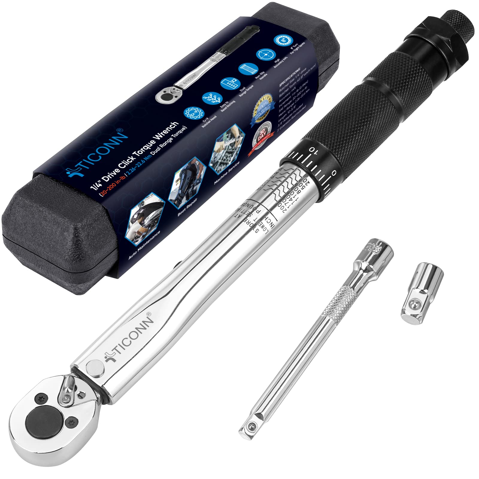TICONN 1/4-inch Drive Click Torque Wrench, 20-200 in-lb, SAE/Metric ...