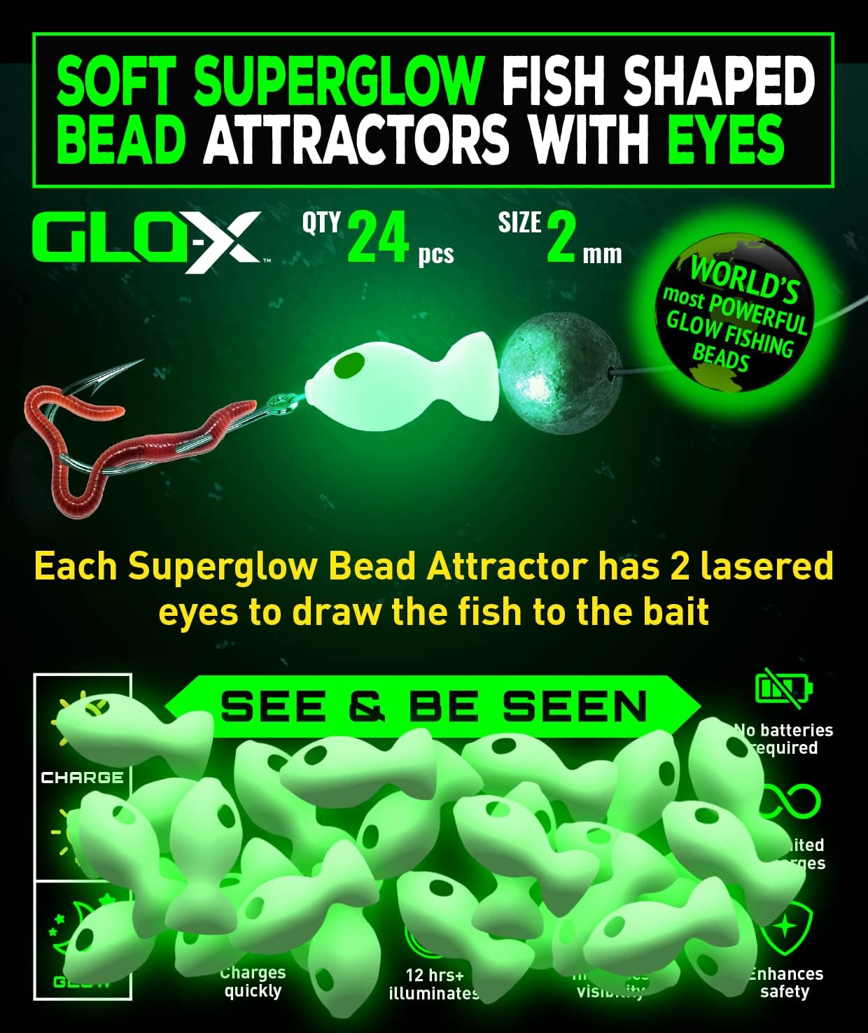 GLO-X 24pcs Soft Superglow Plastic Fishing Beads with Eyes, Glows The ...