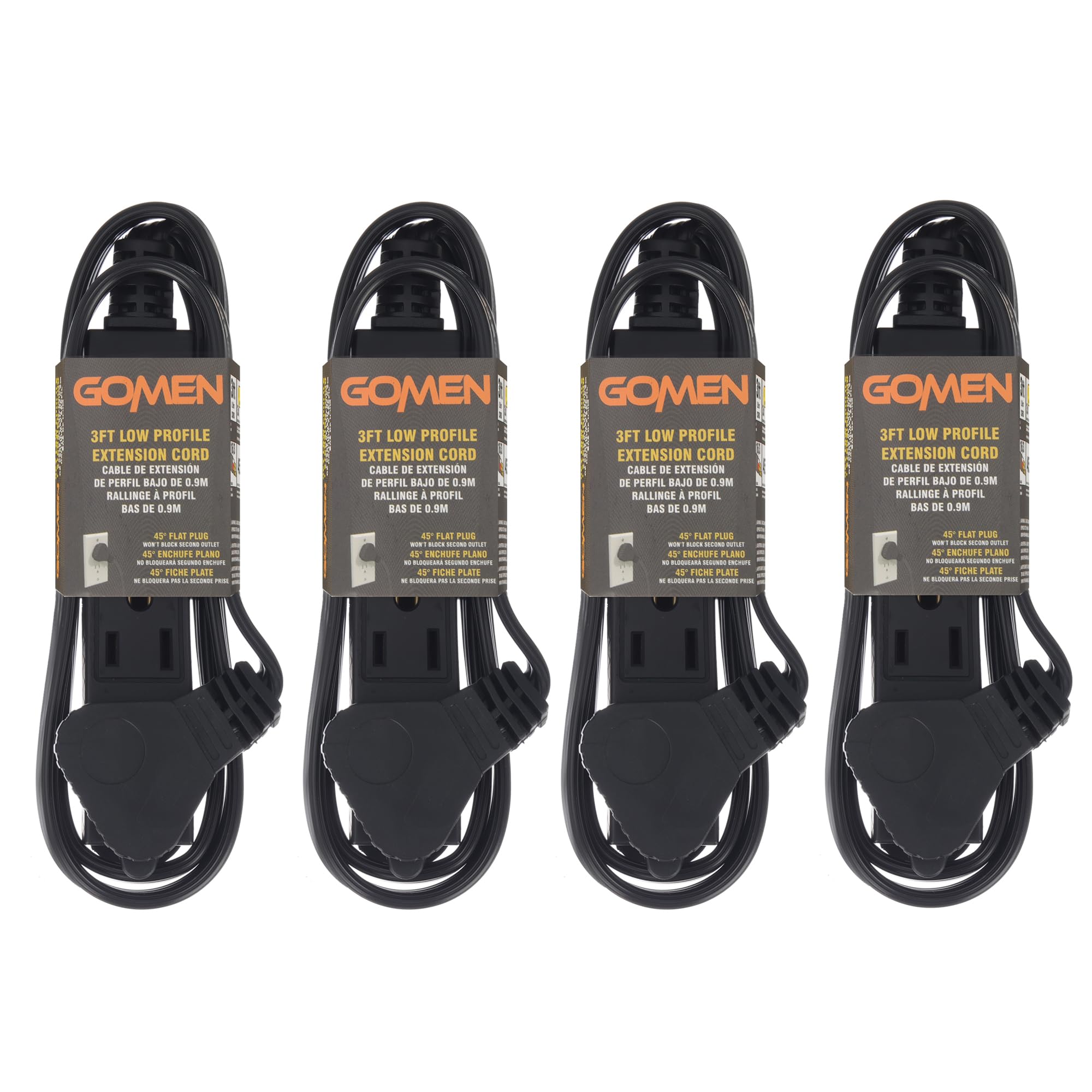 GOMEN 3 Feet Indoor Extension Cord with 3 Outlets, AWG 16/3 Angled Flat ...