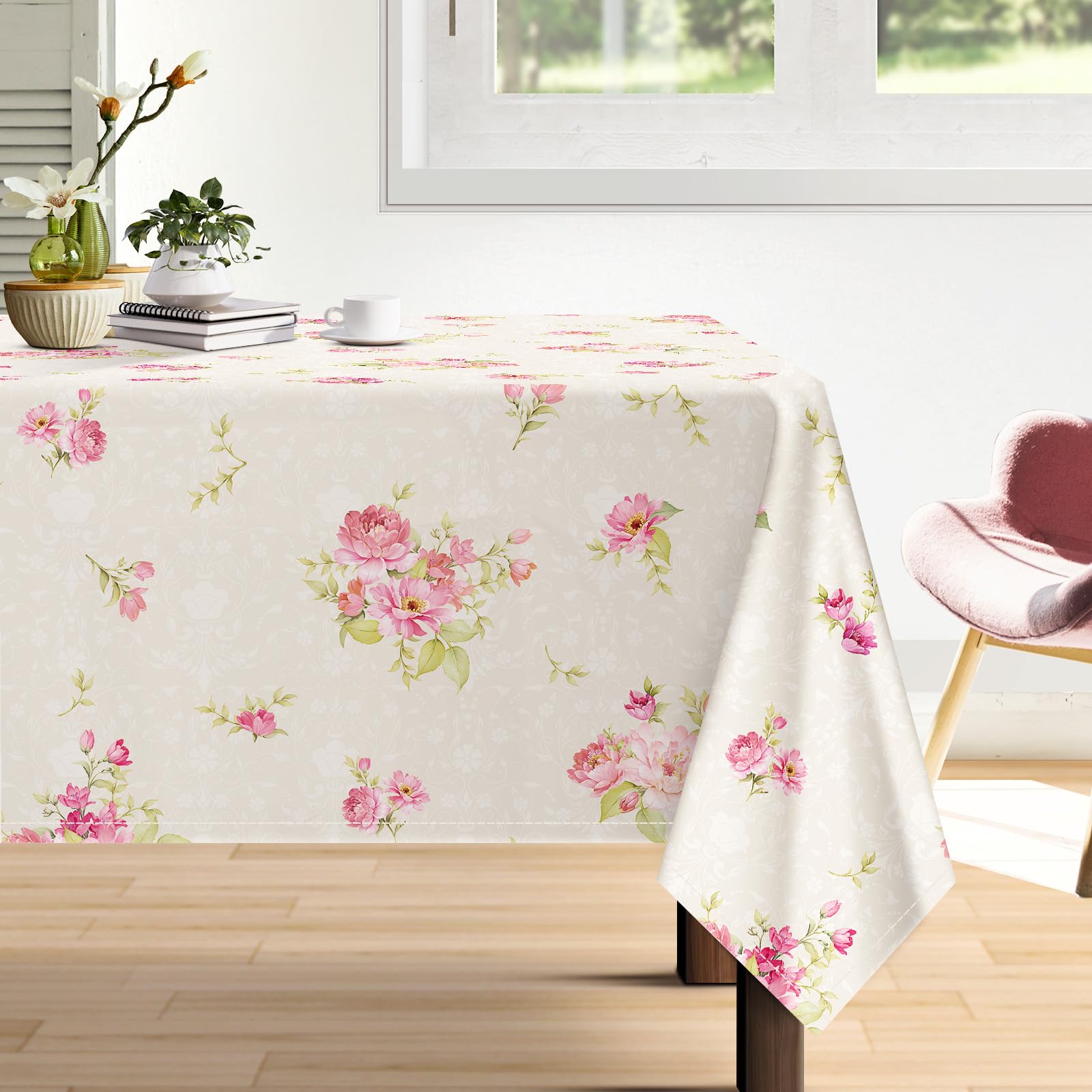 Amazon.com: Arquiel Pink Floral Tablecloth Waterproof, Beige Table ...