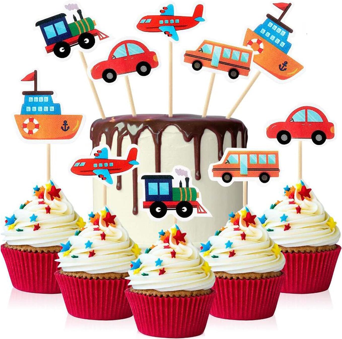 Amazon.com: CiCy 30 Piece Transportation Cupcake Toppers Car Bus Train ...