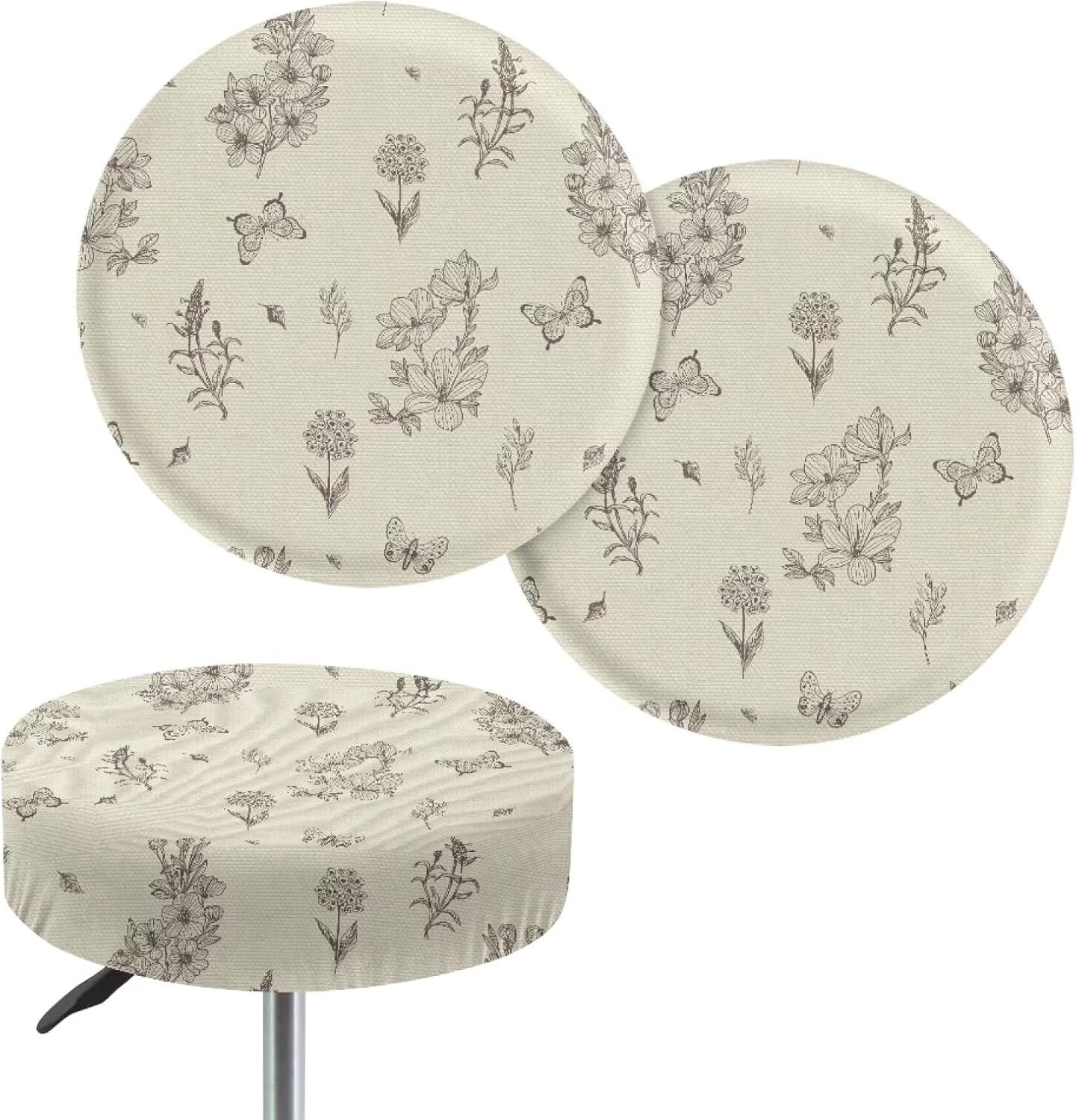 Amazon.com: Kxyudcn Beige Floral Non-Slip 2 Pack Round Stool Cover for ...