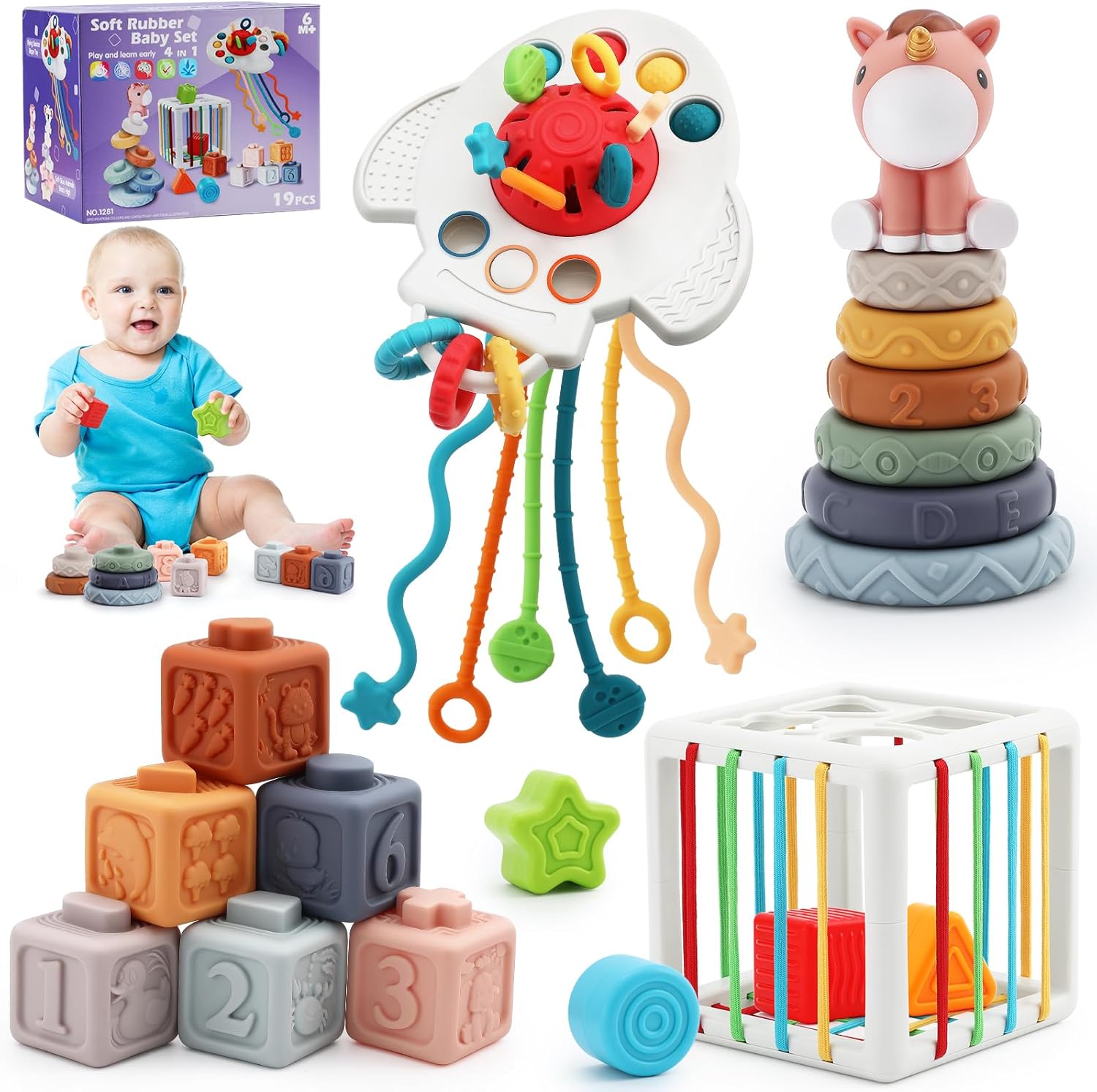 Amazon.com: 4 in 1 Montessori Toys for Babies 6-12 Months, Pull String ...
